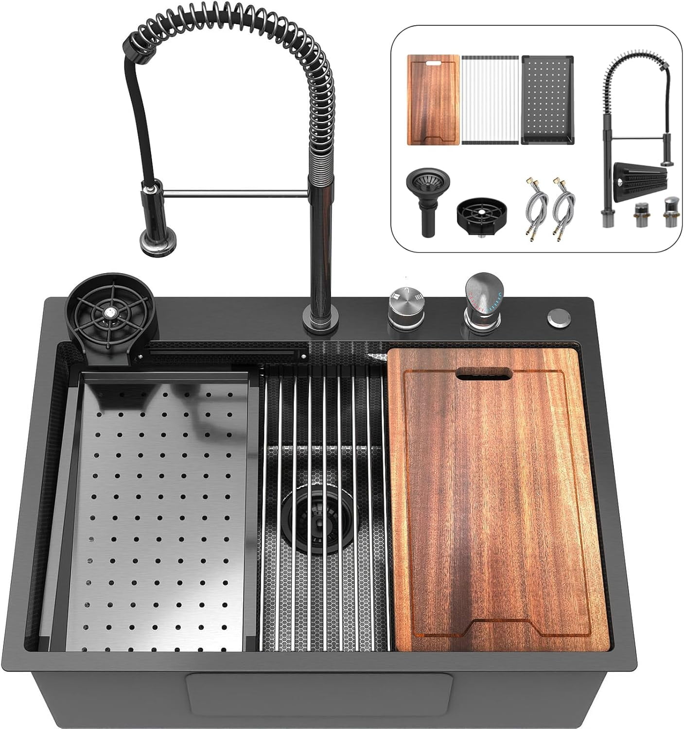 33inch Waterfall Kitchen Sink Drop In Metal Black - 33x22x10 with Combo ...
