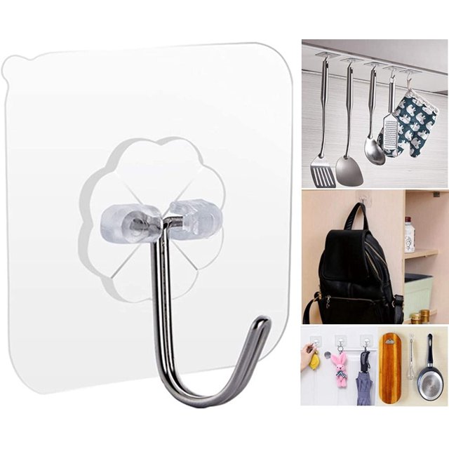 33lbs Adhesive Hooks for Hanging on Wall or Ceiling, Heavy Duty, Clear ...