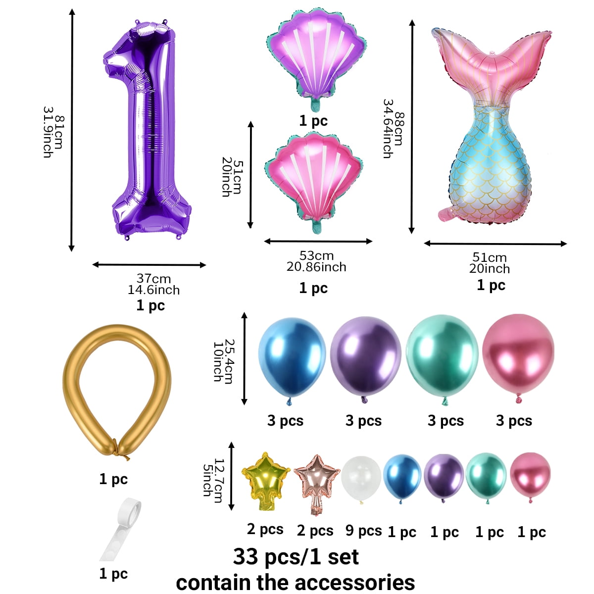 33pcs 32 inch Digital Mermaid Balloon Birthday Party Decoration Mermaid ...