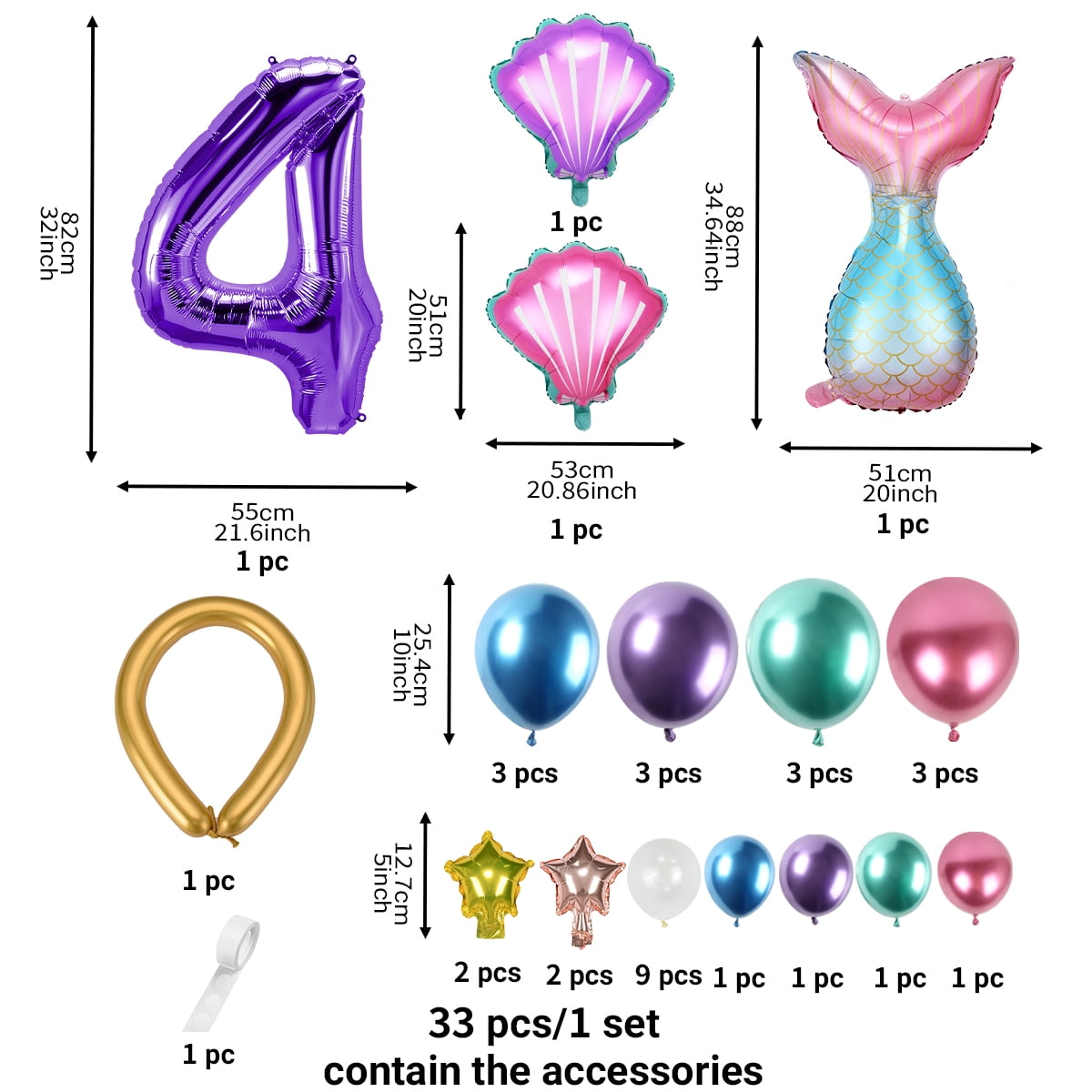 33pcs 32 inch Digital Mermaid Balloon Birthday Party Decoration Mermaid ...