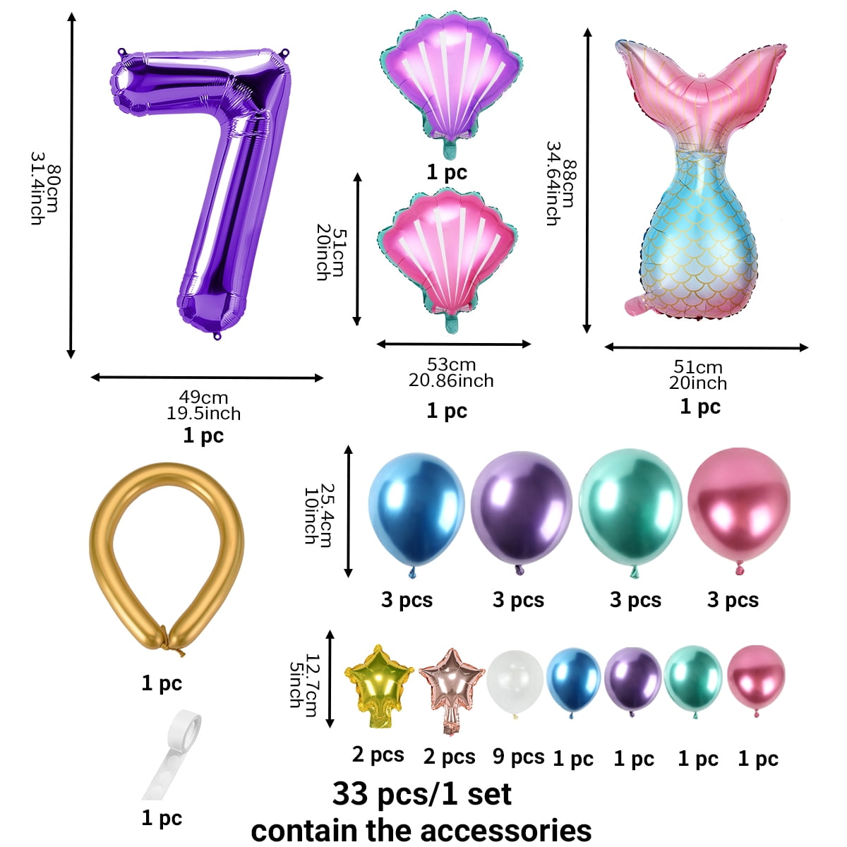 33pcs 32 inch Digital Mermaid Balloon Birthday Party Decoration Mermaid ...