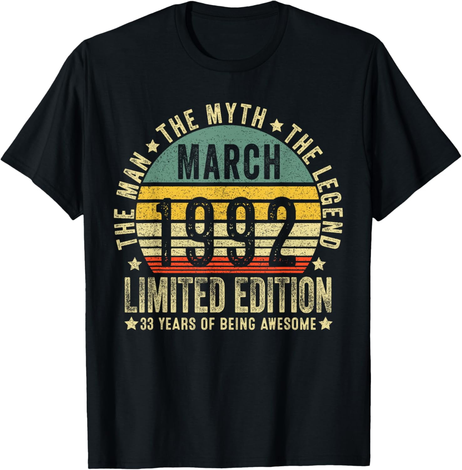 33rd Birthday Gifts Vintage March 1992 33 Years Old For Men T-Shirt ...