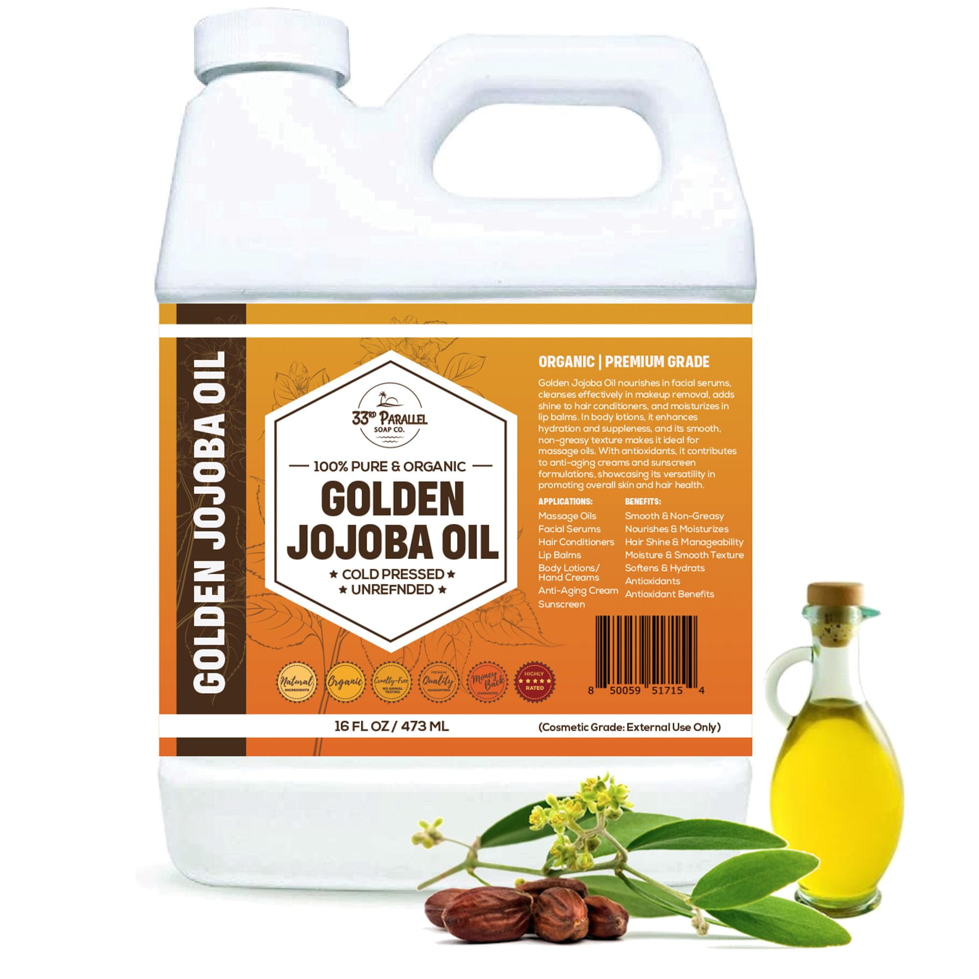 33rd PARALLEL | Golden MMF7 Jojoba Oil (16 oz) Cold Pressed & Unrefined; Non-GMO; 100% Pure ...