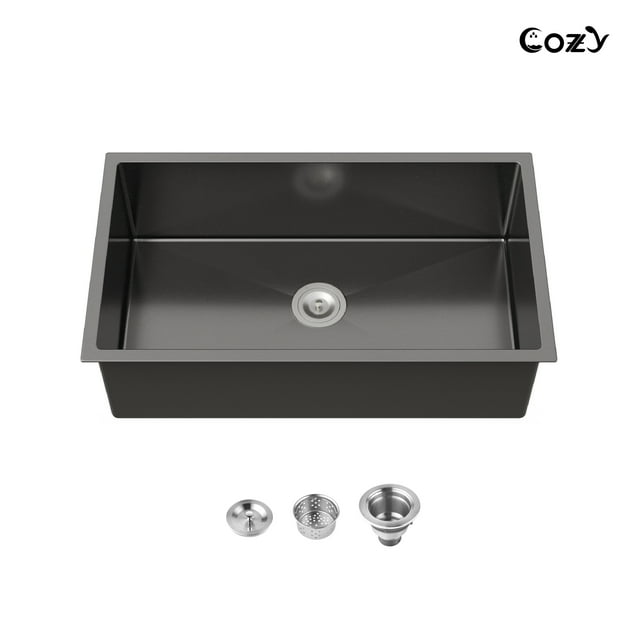 33x19 inch Black Stainless Steel Single Bowl Undermount Kitchen Sink with US Standard Drain and ...