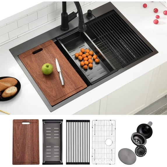 33x22 Inch Drop In Workstation Kitchen Sink 16-Gauge Black Stainless ...