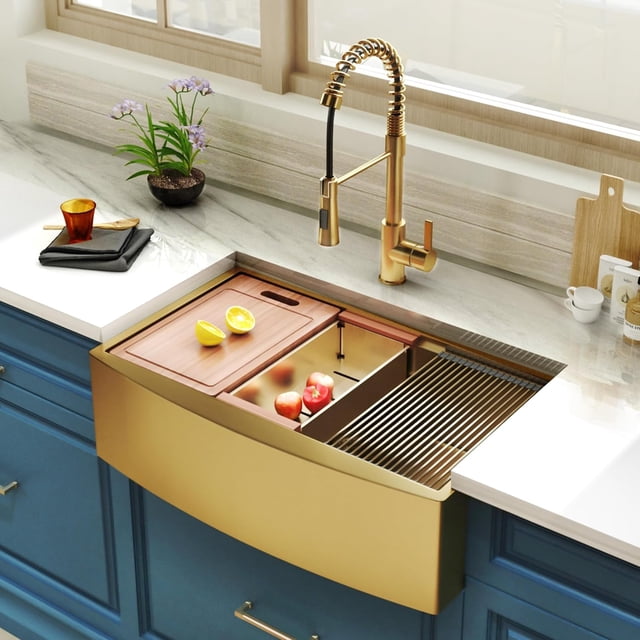 33x22 Inch Gold Farmhouse Sink, 16 Gauge Stainless Steel Workstation ...