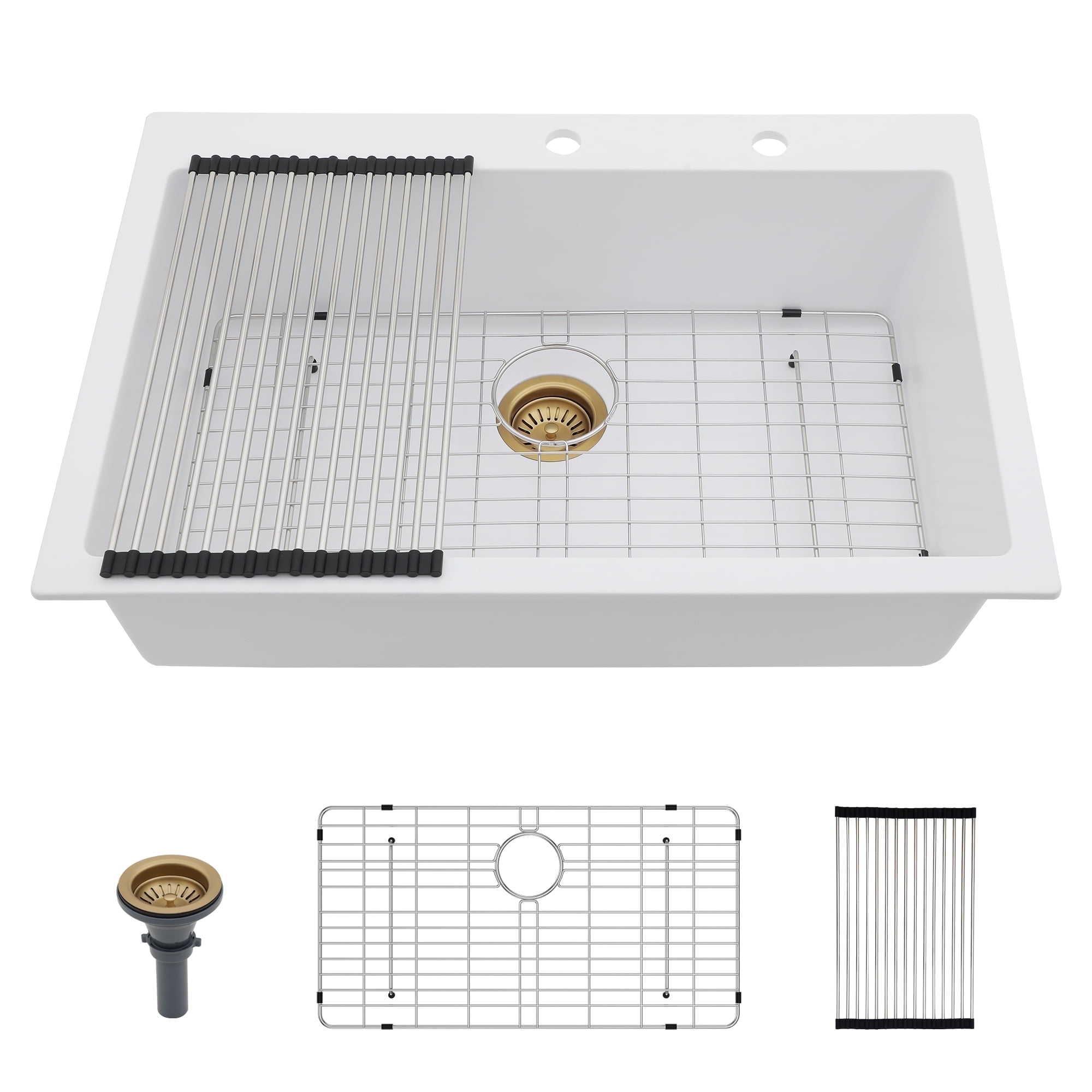 33x22 Inch White Quartz Composite Kitchen Sink Drop-in Top-Mount Single ...