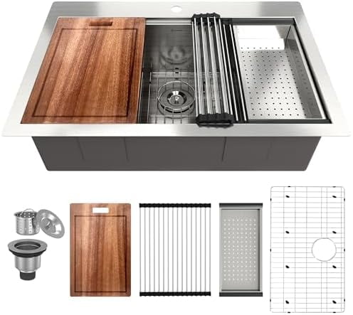 33x22 Top Mount Workstation Sinks, 33 inch Drop in Kitchen Sink, Single ...