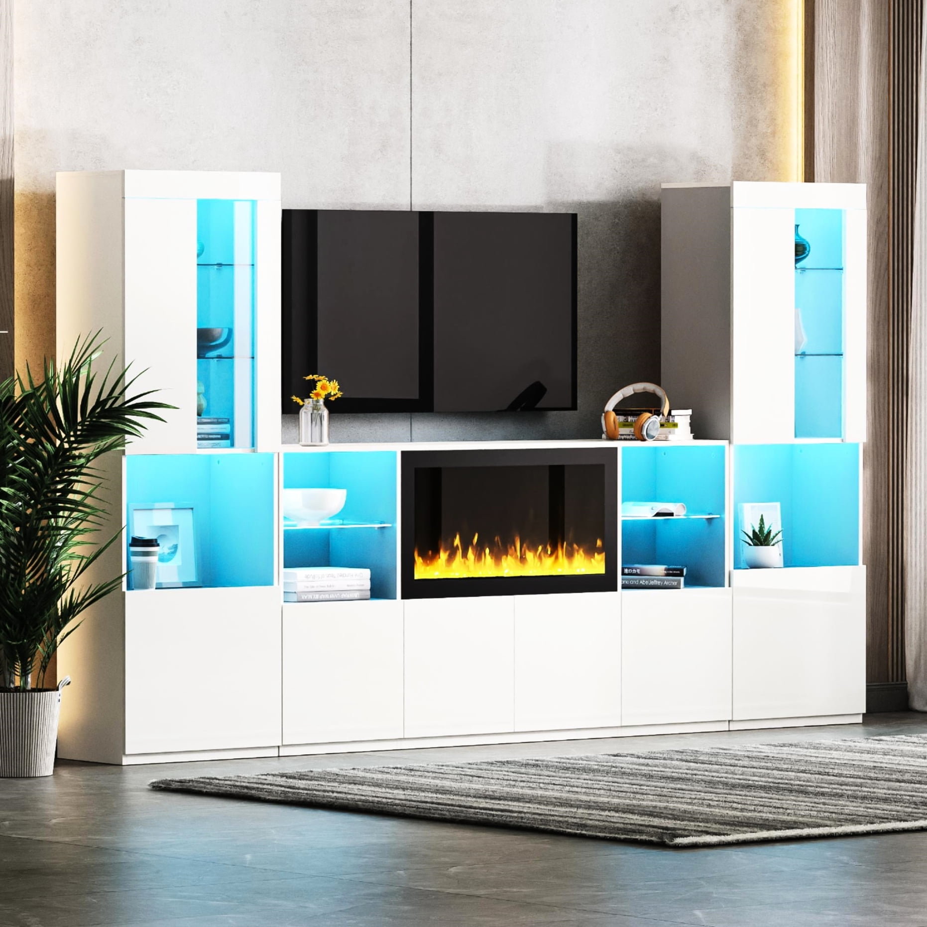 34.2" Electric Fireplace Tv Rack With Led Lights And High Gloss ...