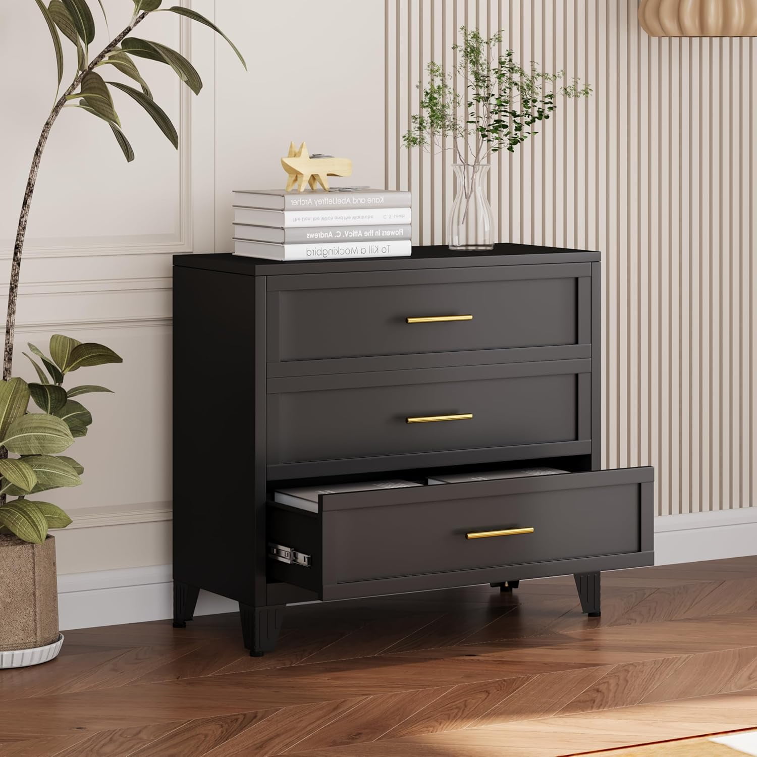 34.25" Tall Metal Dresser for Bedroom, 3 Drawer Black File Cabinet with ...