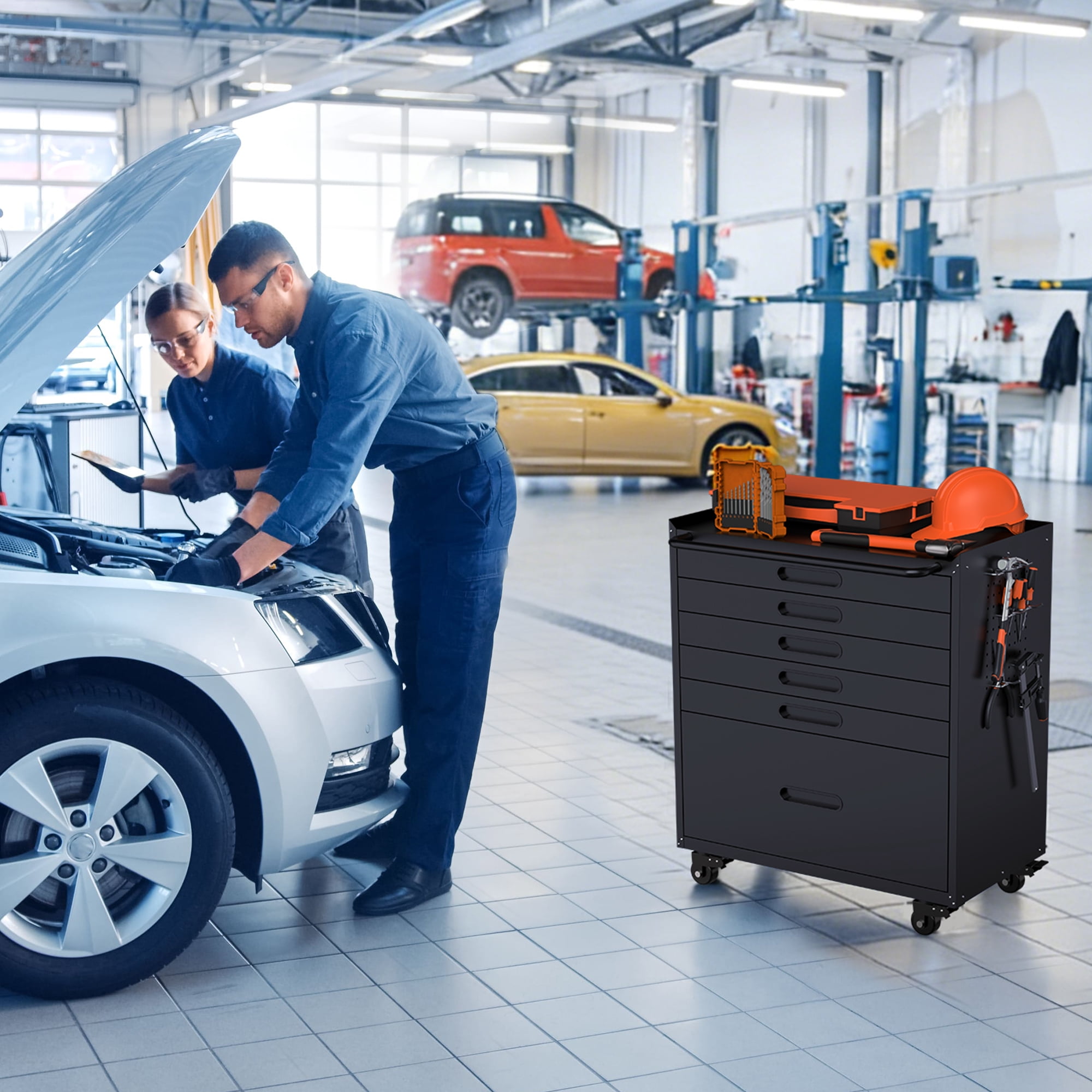 34.3" Heavy-Duty Steel Mobile Tool Chest Tool Cabinet Organizer with 6 ...