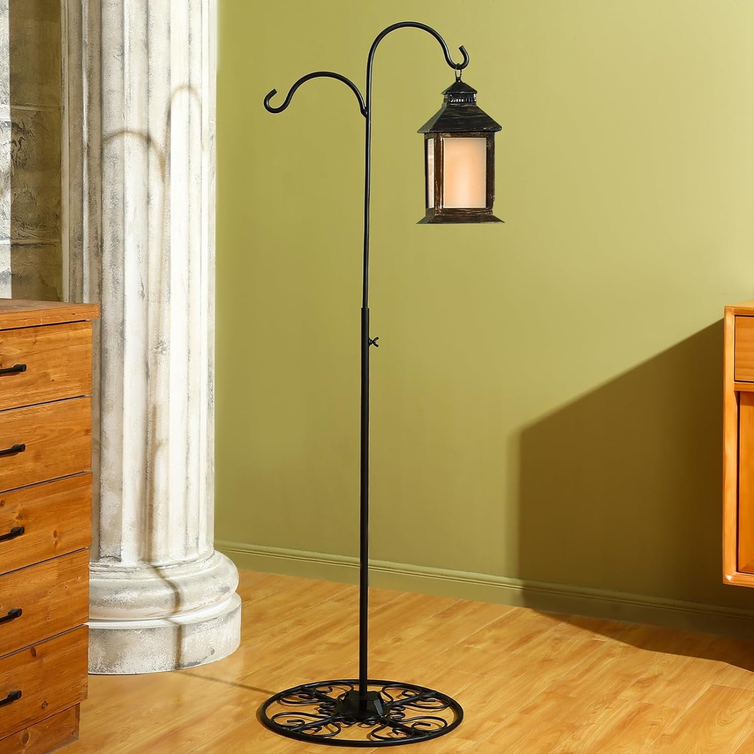 34-55 Inch Adjustable Black Iron Shepherd Hook with Base Indoor Outdoor ...