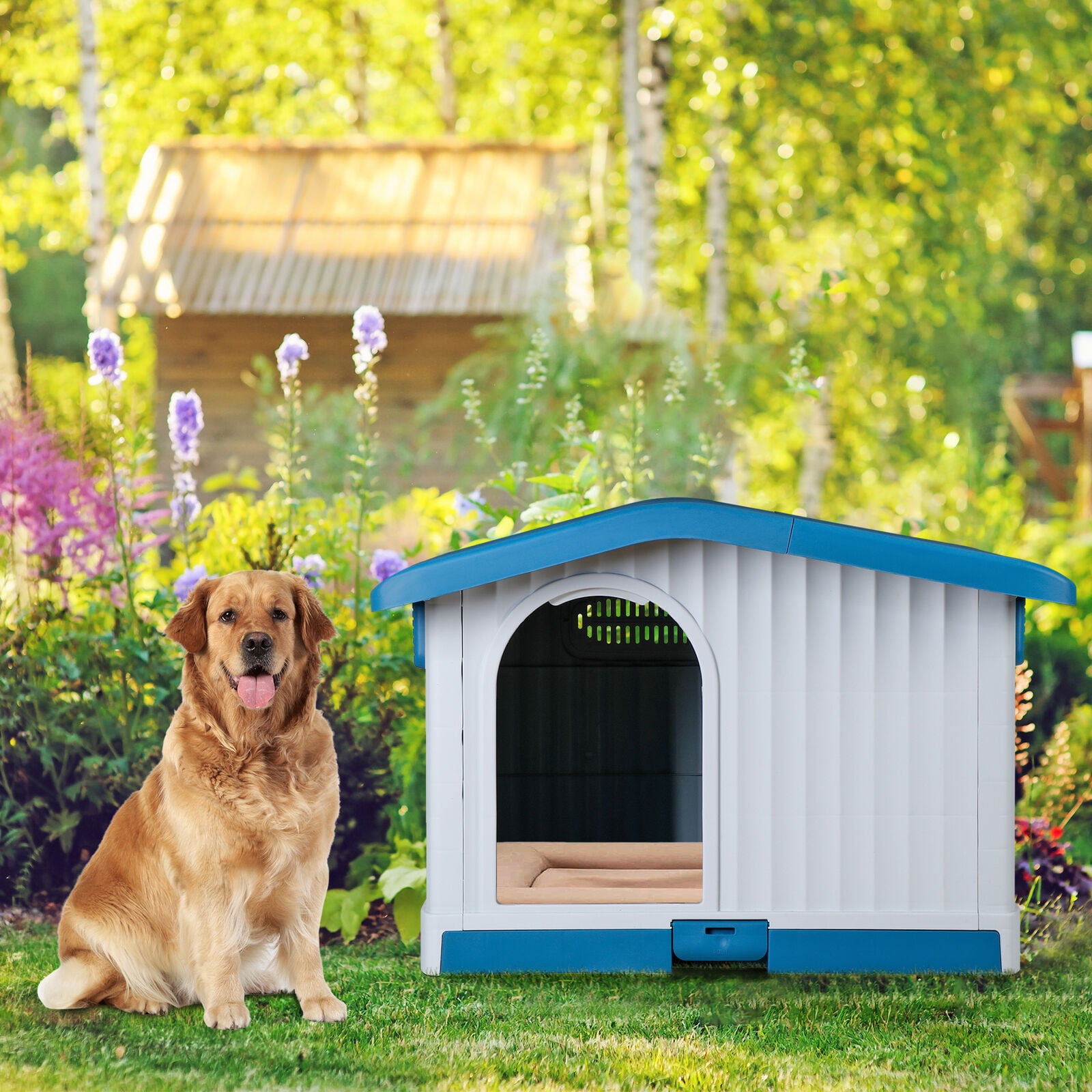 34.6'' Large Plastic Dog House with Liftable Roof, Indoor Outdoor ...