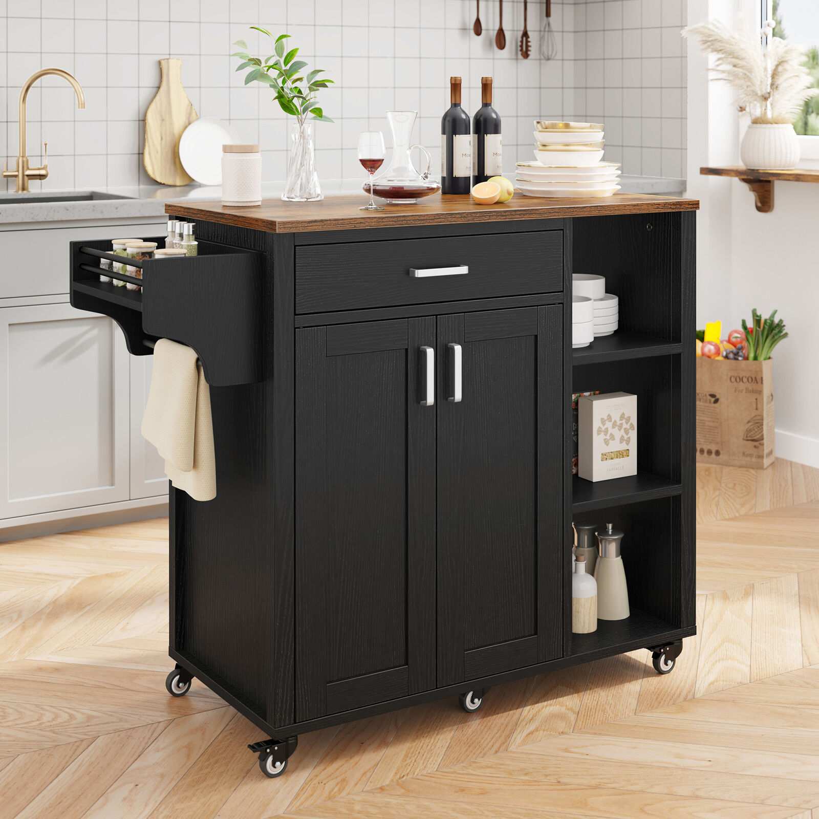34.8" Kitchen Island Cart Rolling Storage Cabinet Cart w/Drawer & Rack ...