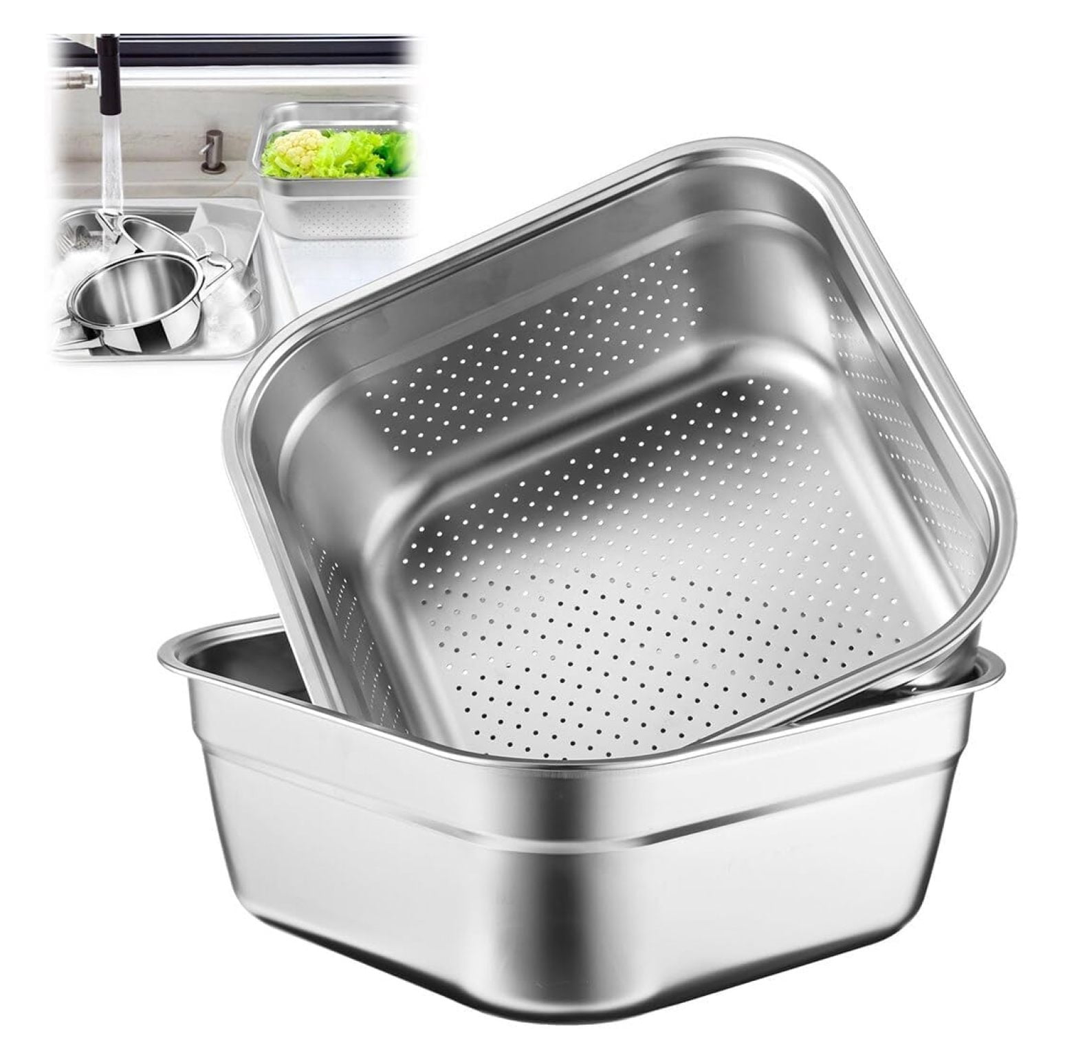34.8CM Stainless Steel Square Colander and Basin Set – Multi-Functional ...