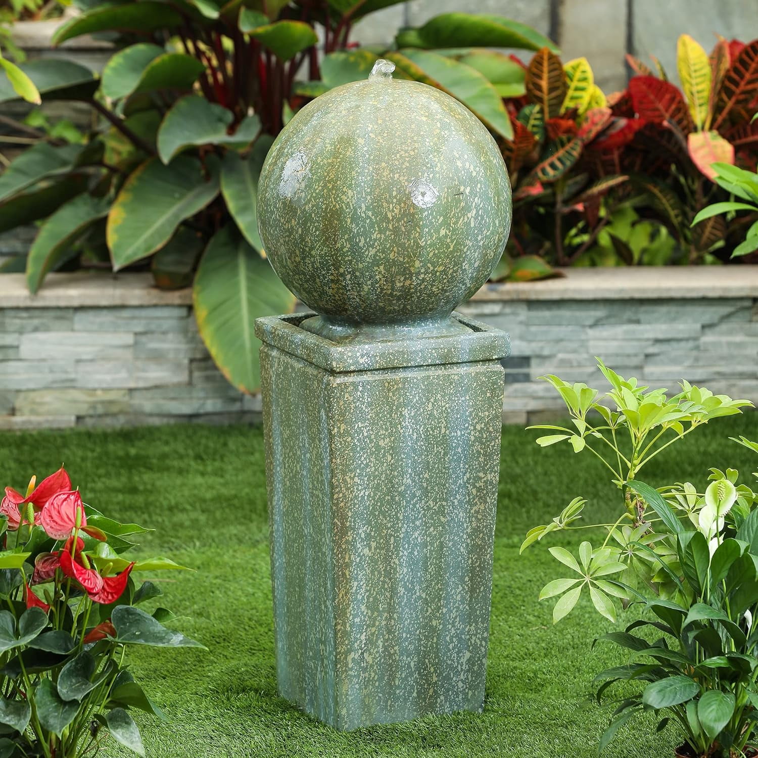 34" Cement Outdoor Fountain, Patina Sphere Water Fountain, Pedestal ...
