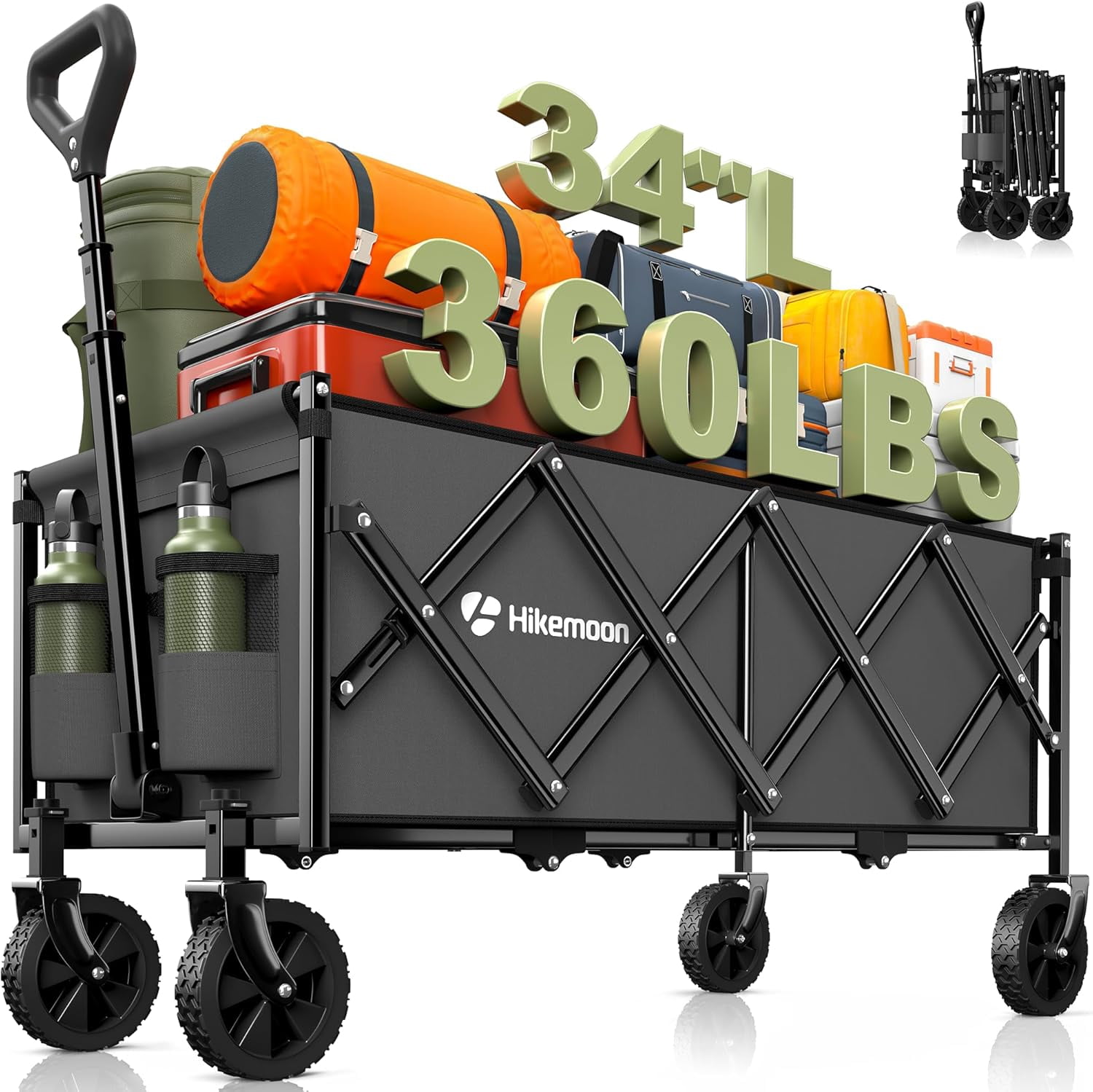 34'' Extra Long Collapsible Wagons Carts Foldable, 360LBS Heavy Duty ...