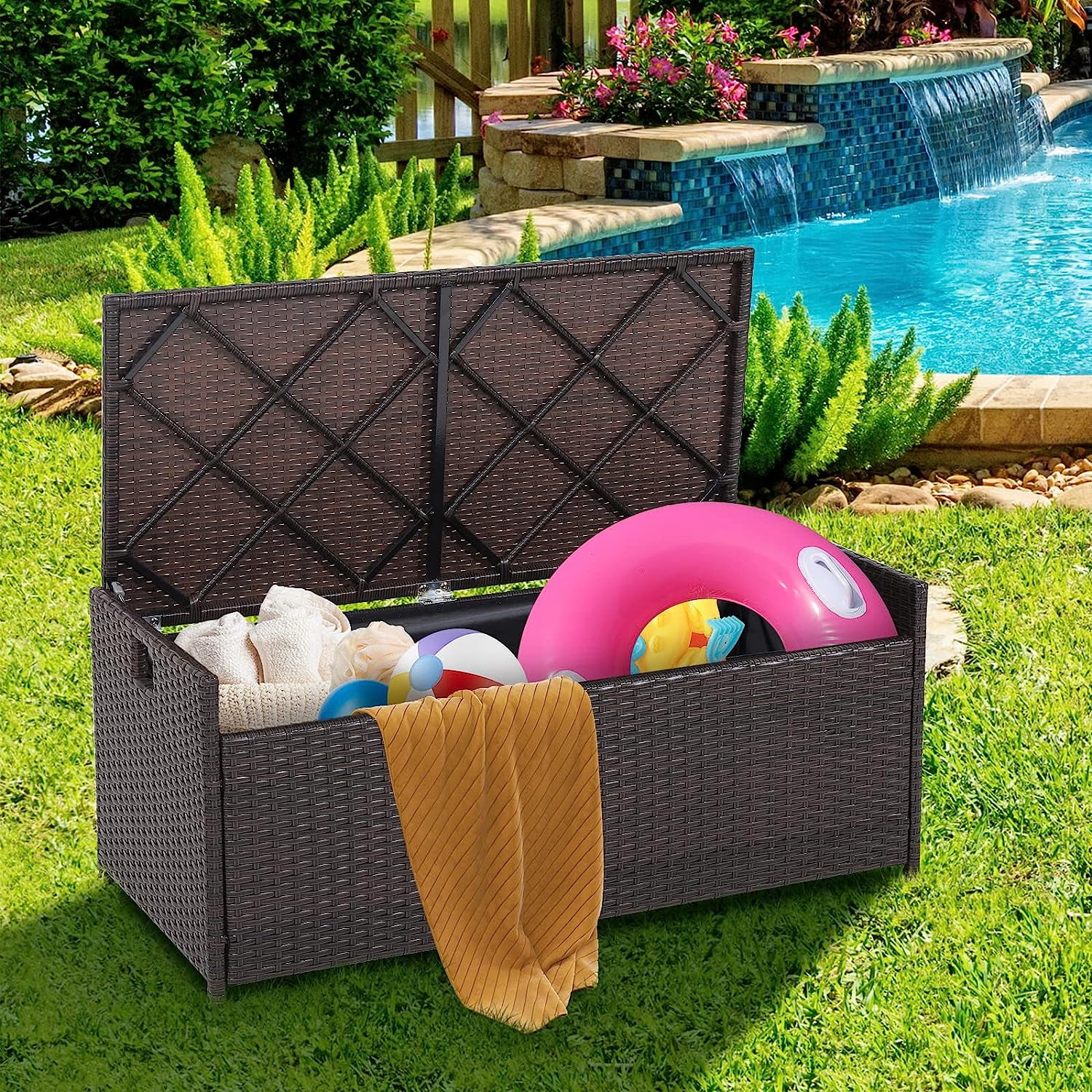 34 Gallon Outdoor Storage Bench with Seat Cushion, Patio Mix Brown ...