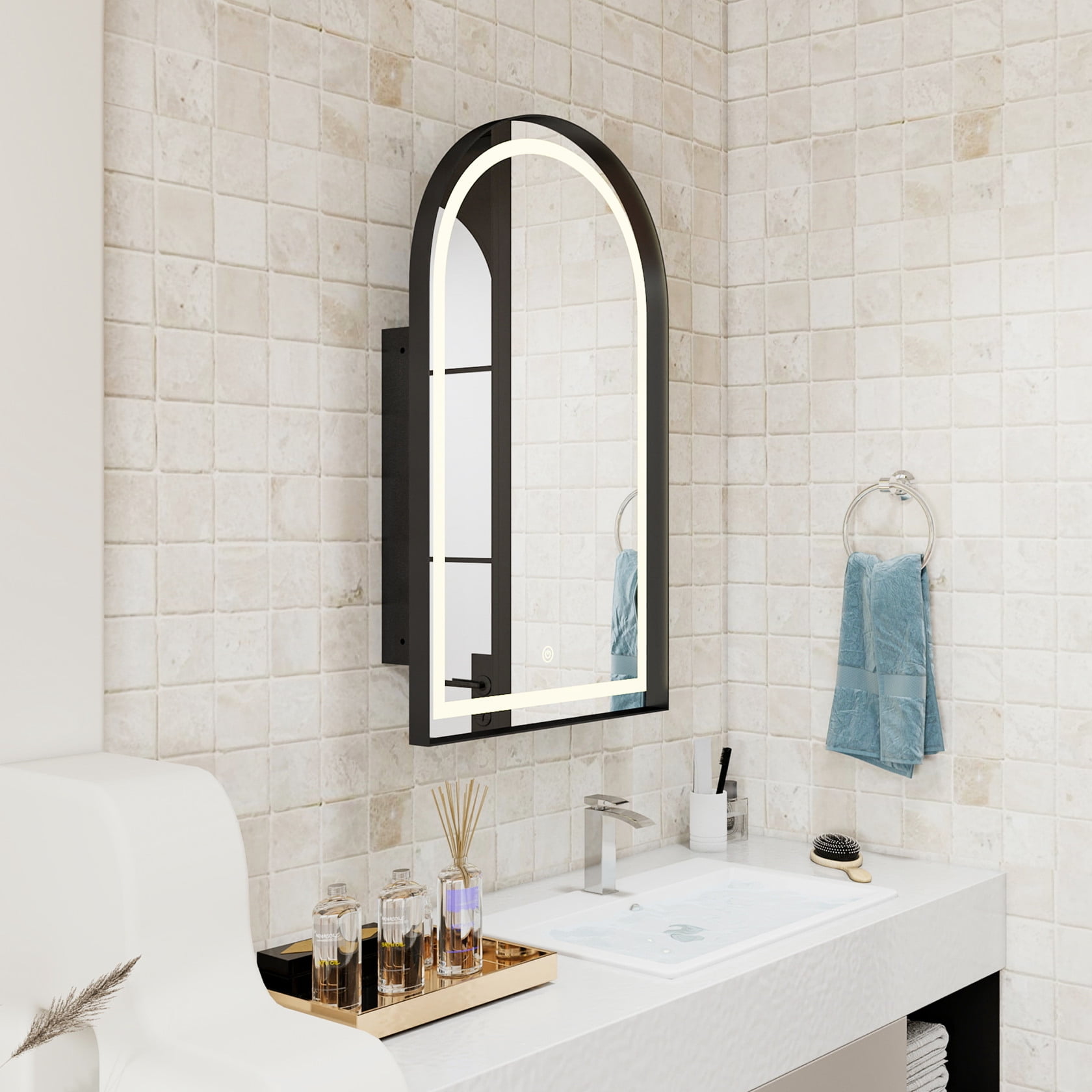 34-Inch Arched Medicine Cabinet with LED Mirror & Adjustable Glass Shelves, Wall-Mounted ...