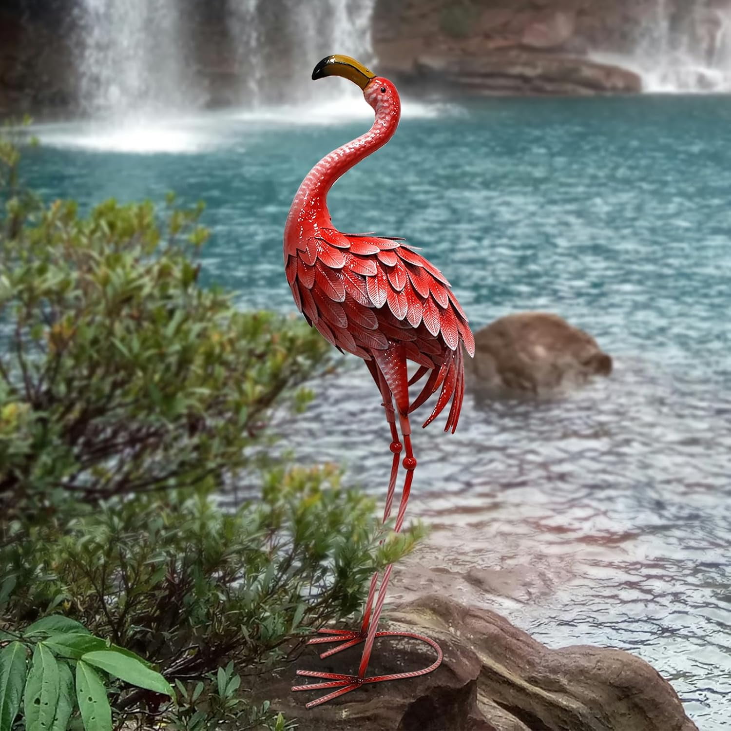 34 Inch Flamingo Garden Decor, Metal Bird Statue Yard Decor, Large ...