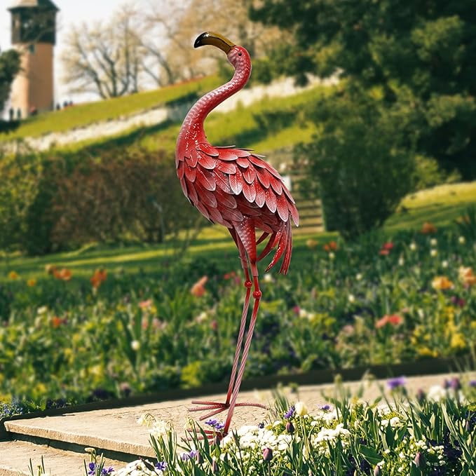 34 Inch Flamingo Garden Decor, Metal Bird Statue Yard Decor, Large ...
