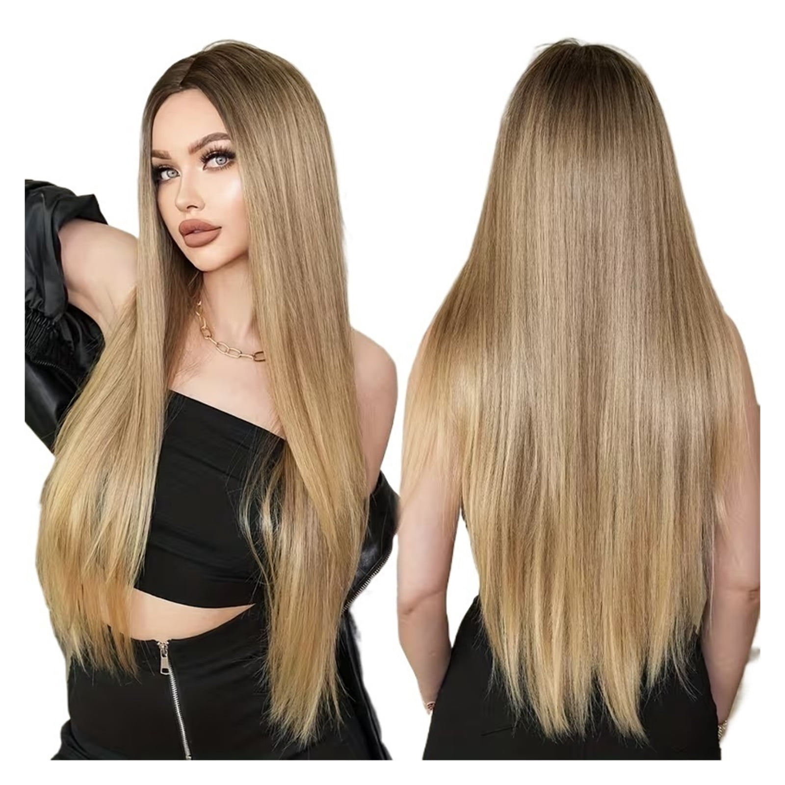 34-Inch Long Straight Gradient Brown Synthetic Wig for Women - High ...