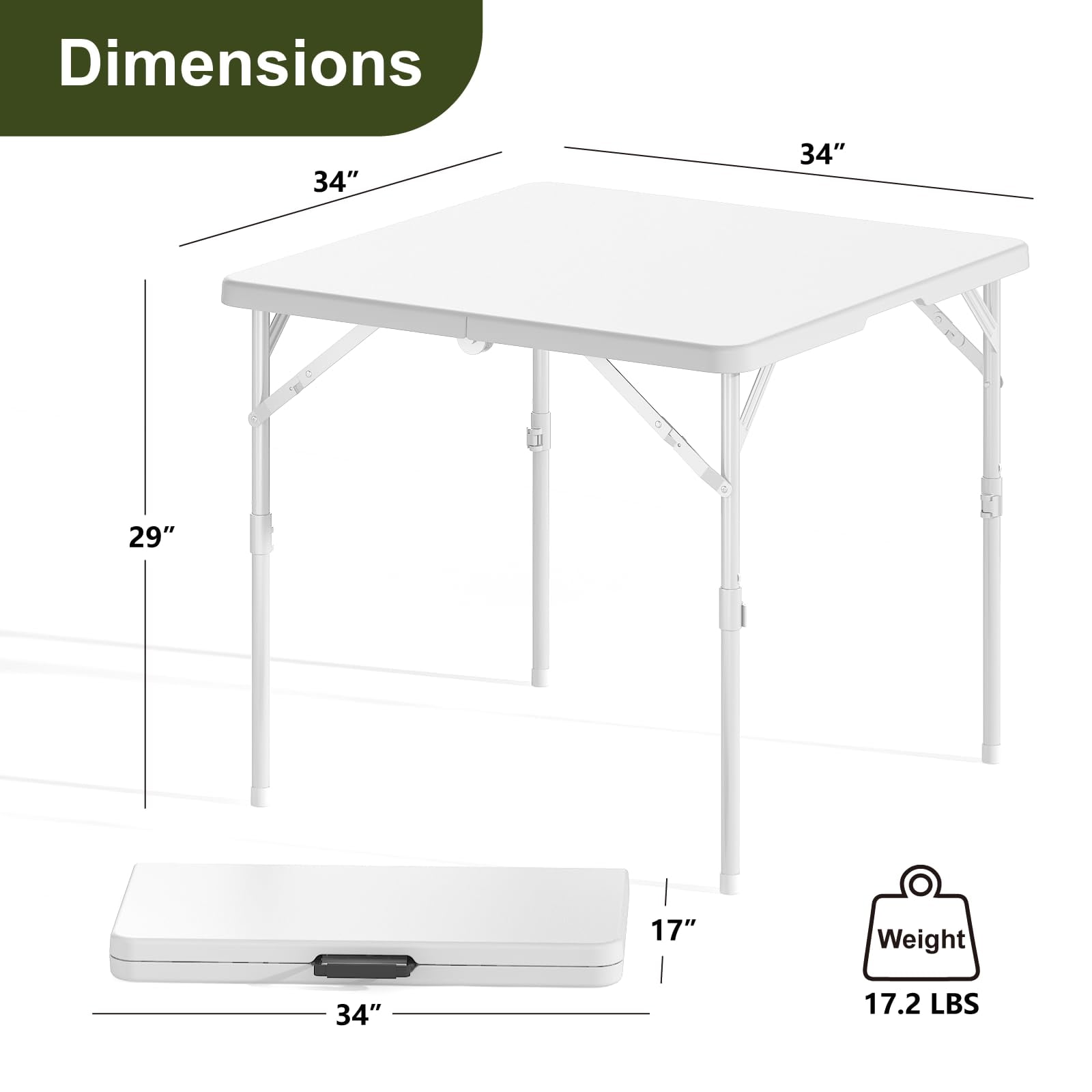 34 Inch Square Folding Table, Portable Picnic Table with Collapsible ...