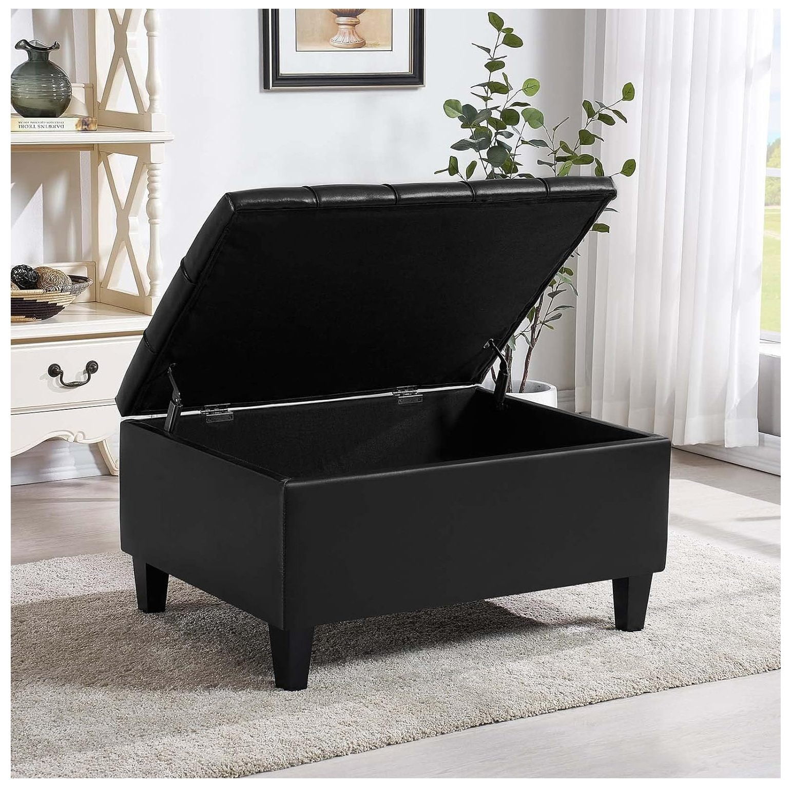 34 Inch Wide Rectangle Lift Top Storage Ottoman Bench Modern Faux