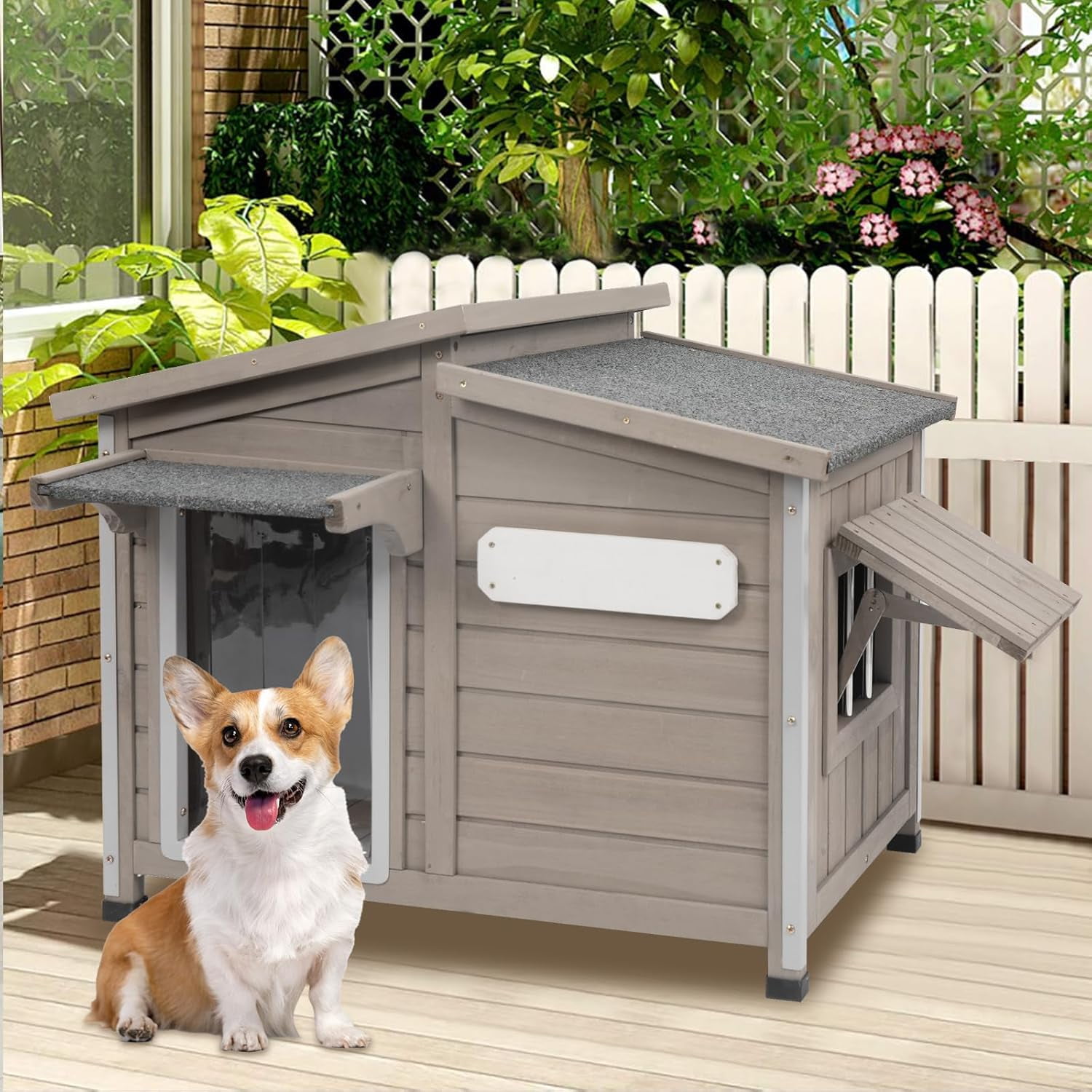 34" L Outdoor Dog House with Removable Floor, Raised Feet, Anti-Chewing ...