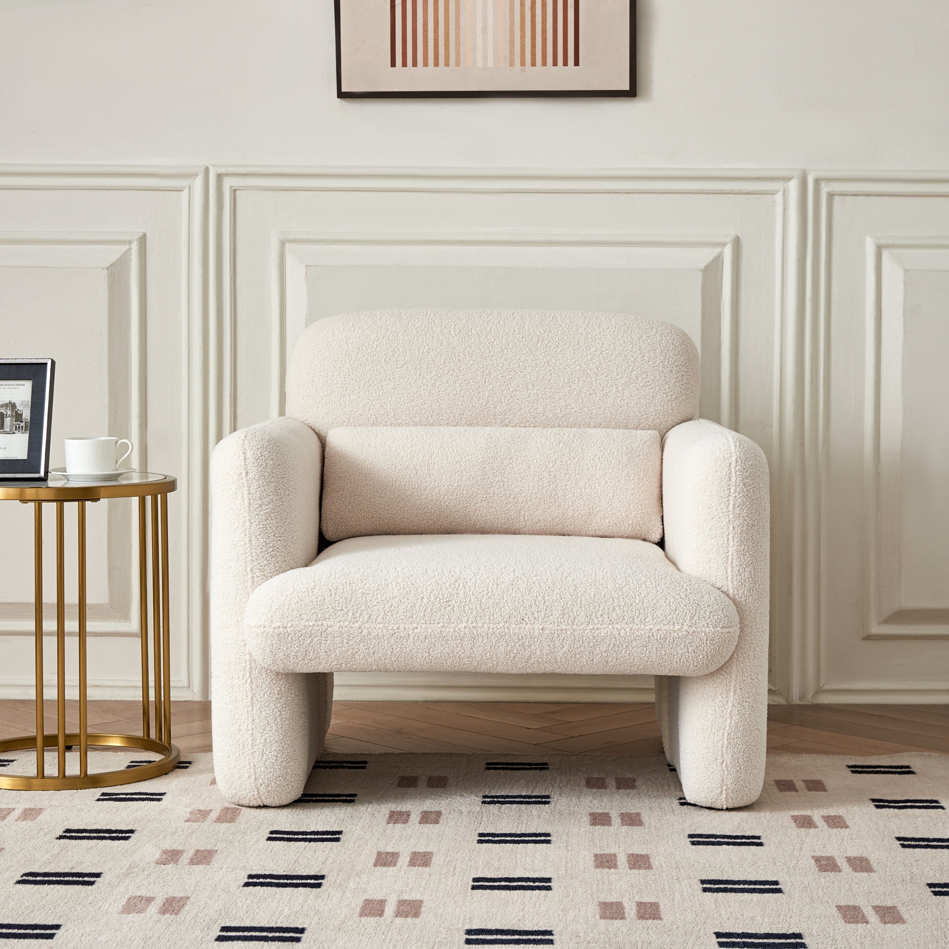 JAMPOOCA 34" Modern Accent Chair with Lumbar Pillow, Lamb Fleece Fabric ...