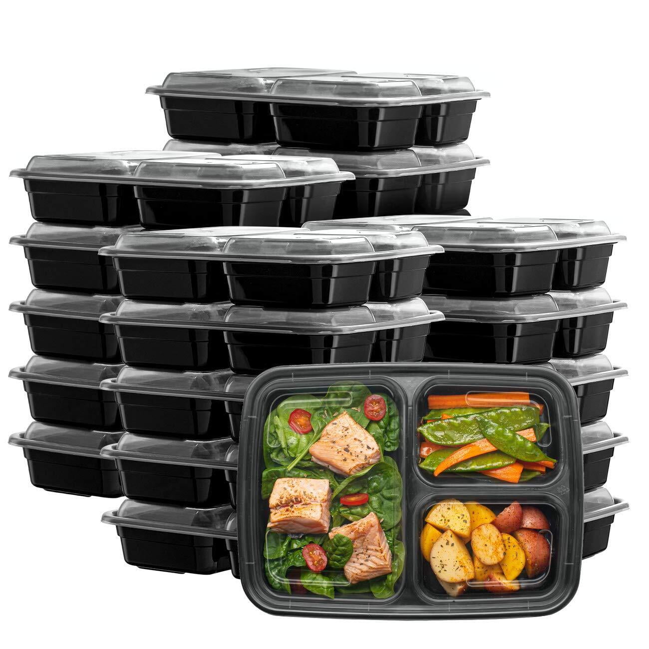 34 OZ Meal Prep Food Container 3 Compartment Microwave Black Lunch Box ...