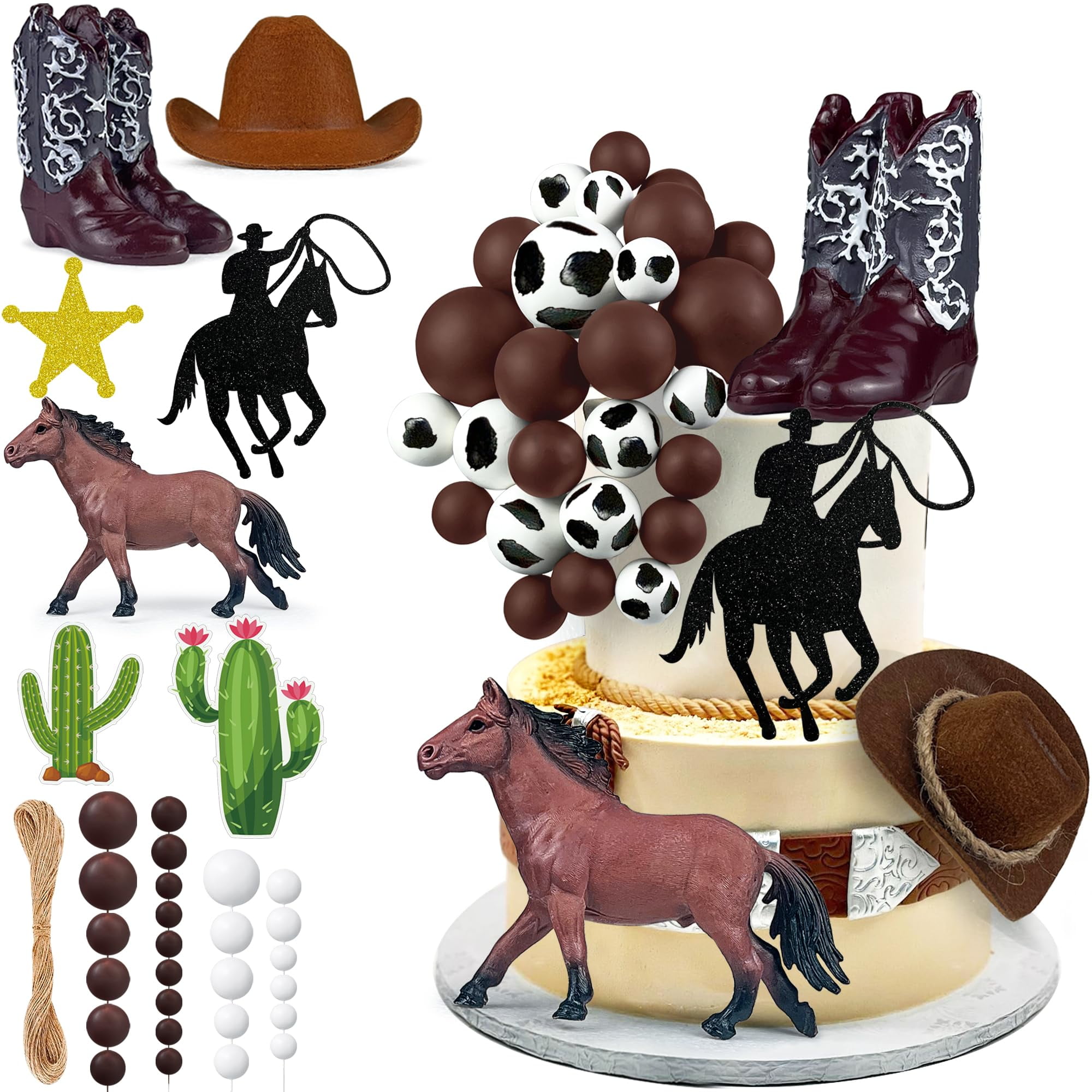 34 PCS Cowboy Cake Toppers Cowboy FSH1 Hat and Boot Horse Cake ...
