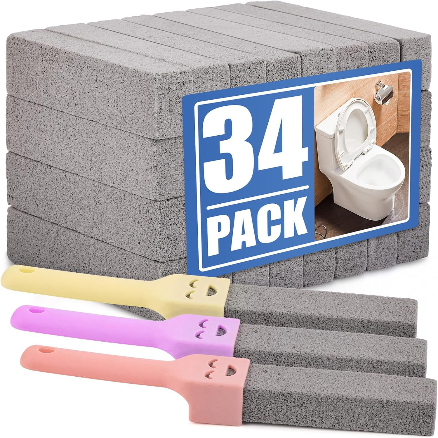 34 Pack Pumice Stone Scouring Sticks with 3 Universal Handles, Grey ...
