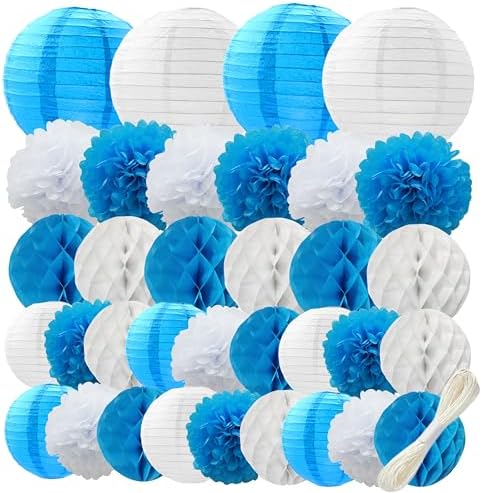 34 Pcs Blue & White Paper Decoration Set: Paper Lanterns/Pompoms ...