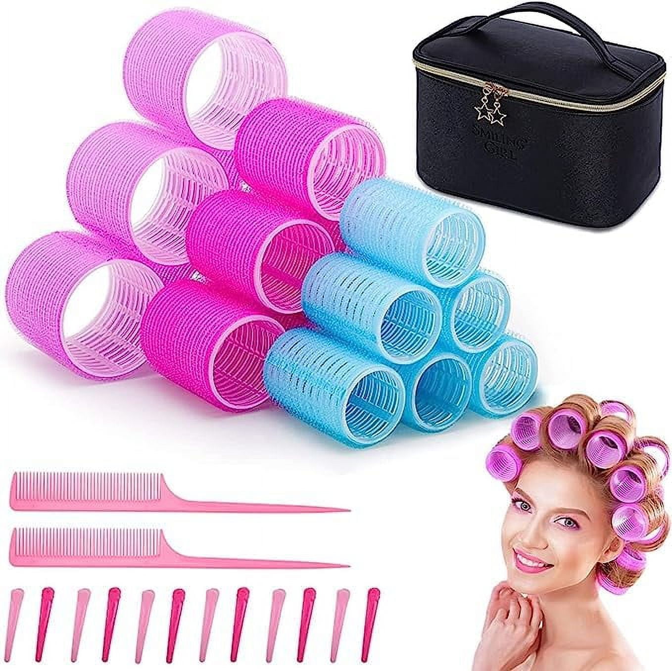 34 Pcs Hair Rollers with Makeup Carrying Case-18 Self Grip Velcro Hair Rollers with 12 Clips, 2 ...