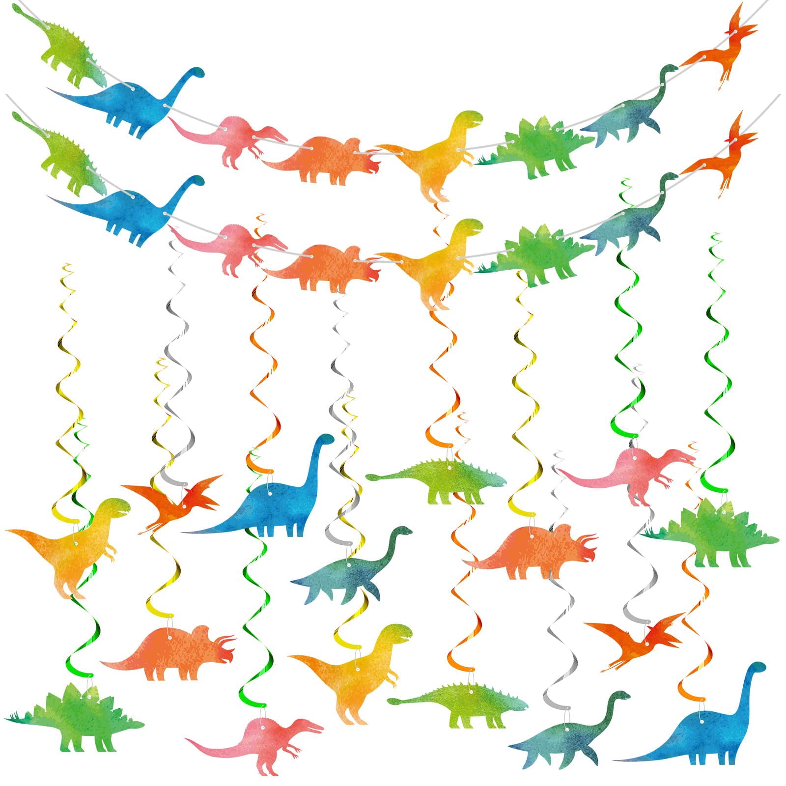 34 Pcs Watercolor Dinosaur AIF4 Banner and Hanging Swirls Party ...