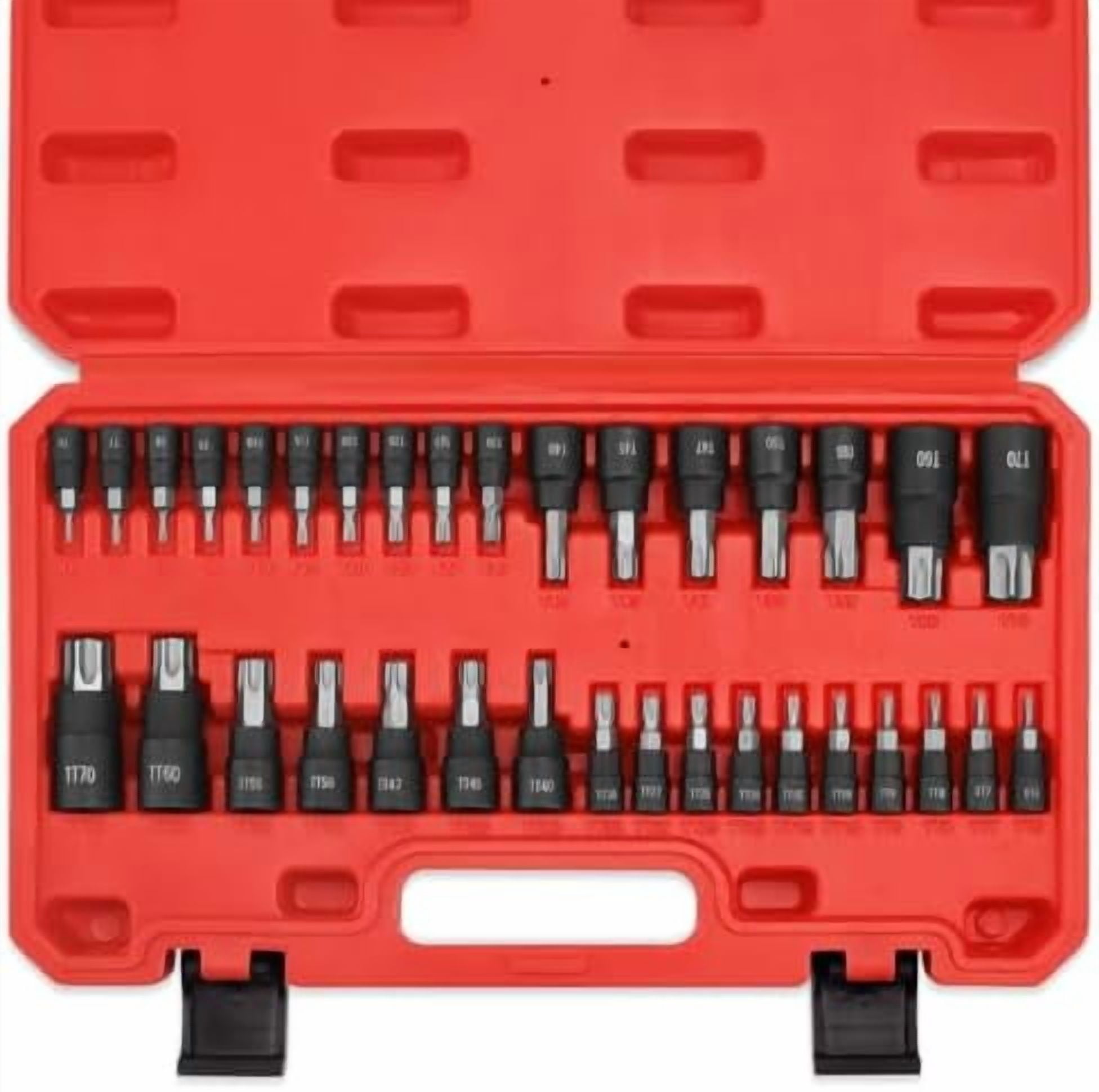 34-Piece Torx Bit Socket Set, 1/4", 3/8" and 1/2" Drive T6-T70 Solid ...