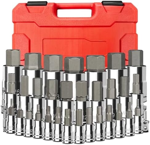 34-Pieces Hex Bit Socket Set, 1/4" 3/8" 1/2" Drive SAE & Metric Size ...