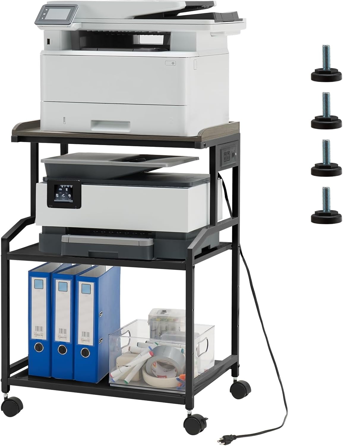 34'' Printer Stand with Storage 3-Tier Printer Table with Power Outlets ...