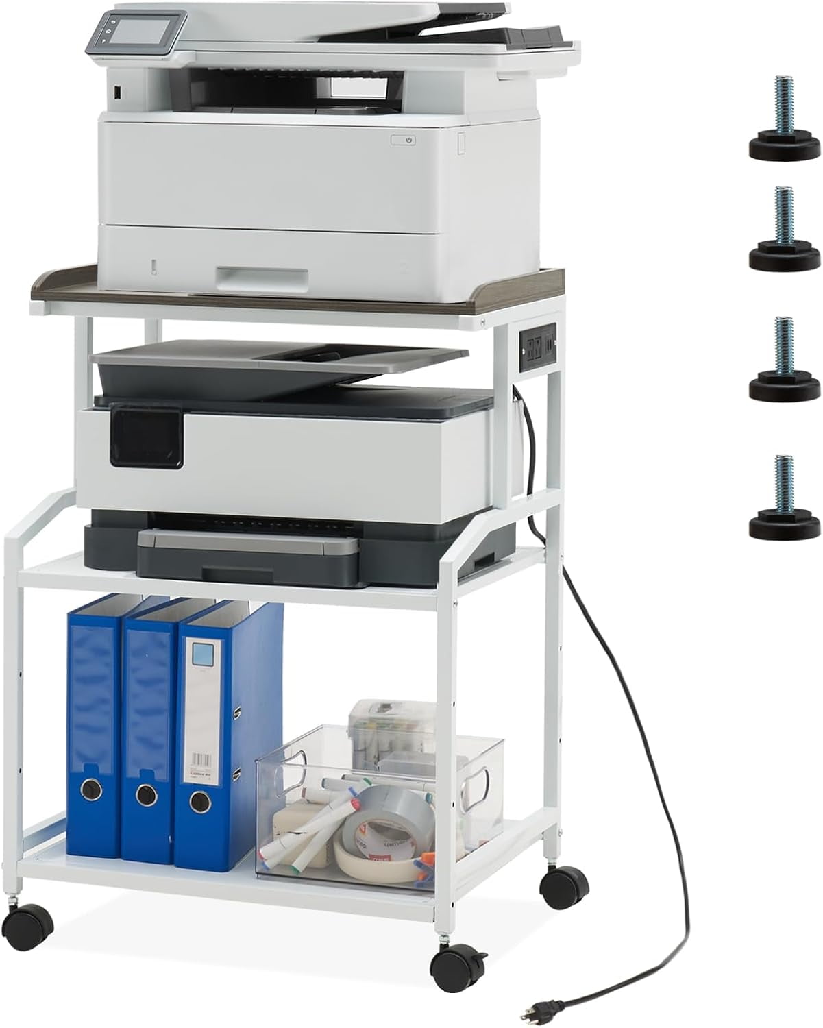 34'' Printer Stand with Storage 3-Tier Printer Table with Power Outlets ...