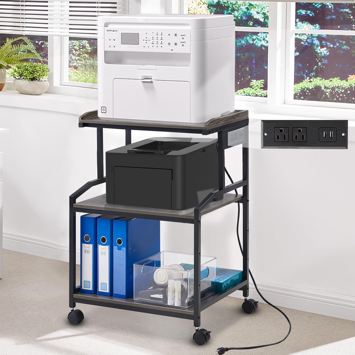 34'' Printer Stand with Storage Printer Table with Power Outlets and ...