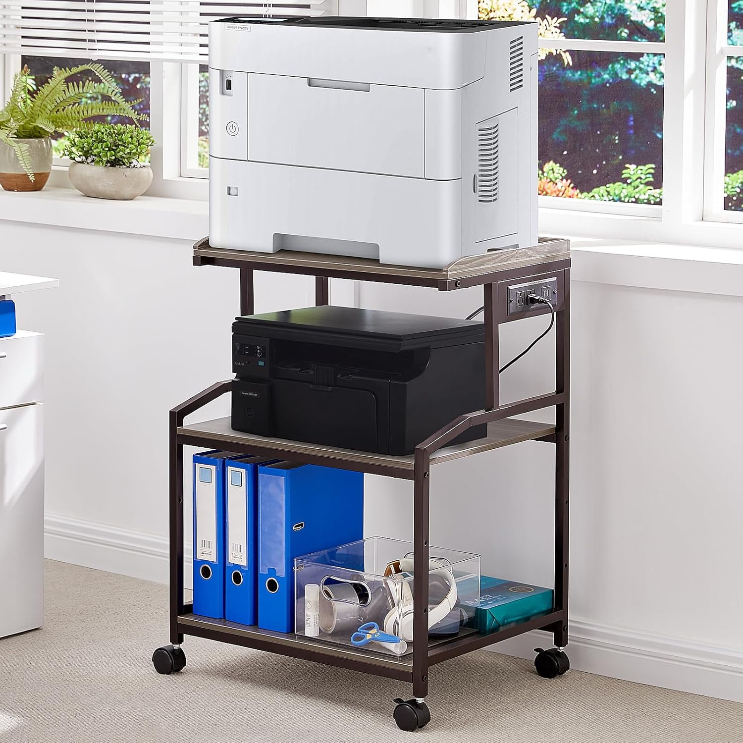 34'' Printer Stand with Storage Printer Table with Power Outlets and ...