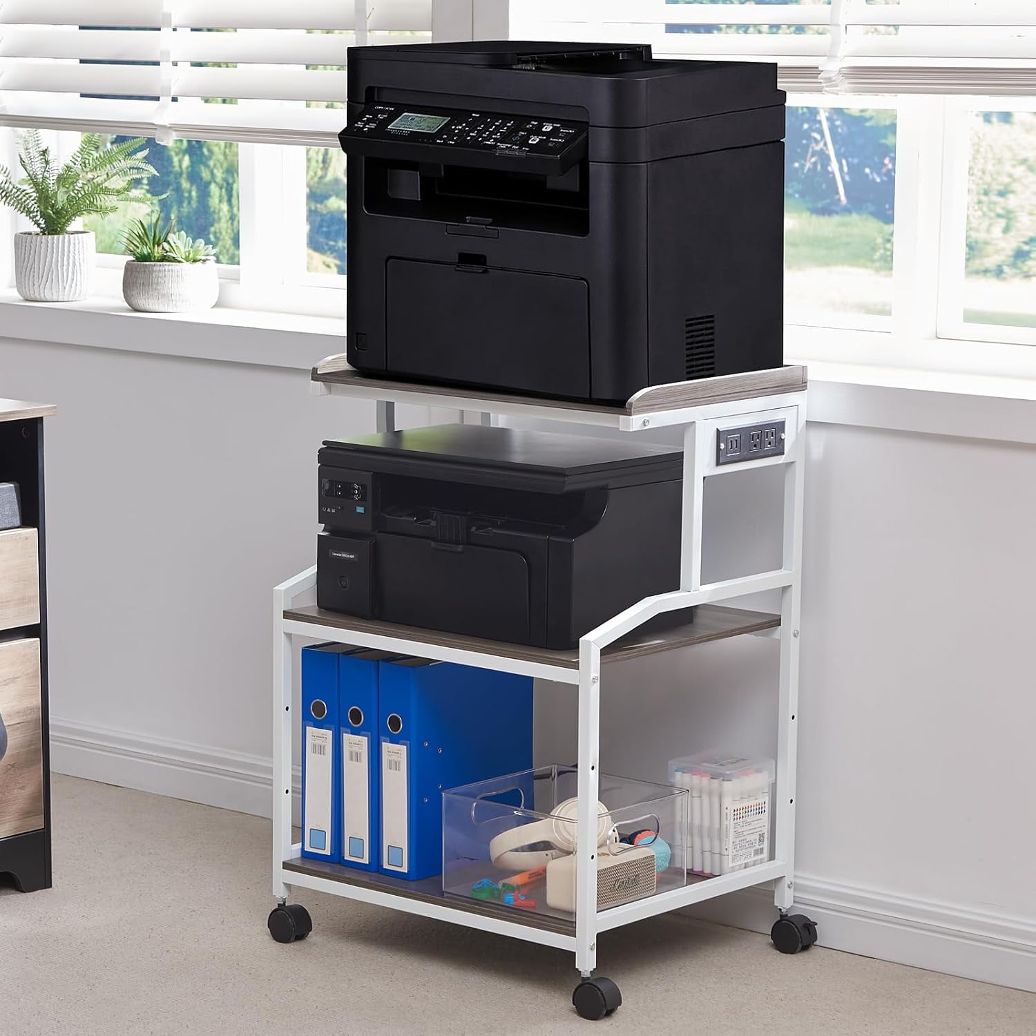 34'' Printer Stand with Storage Printer Table with Power Outlets and ...