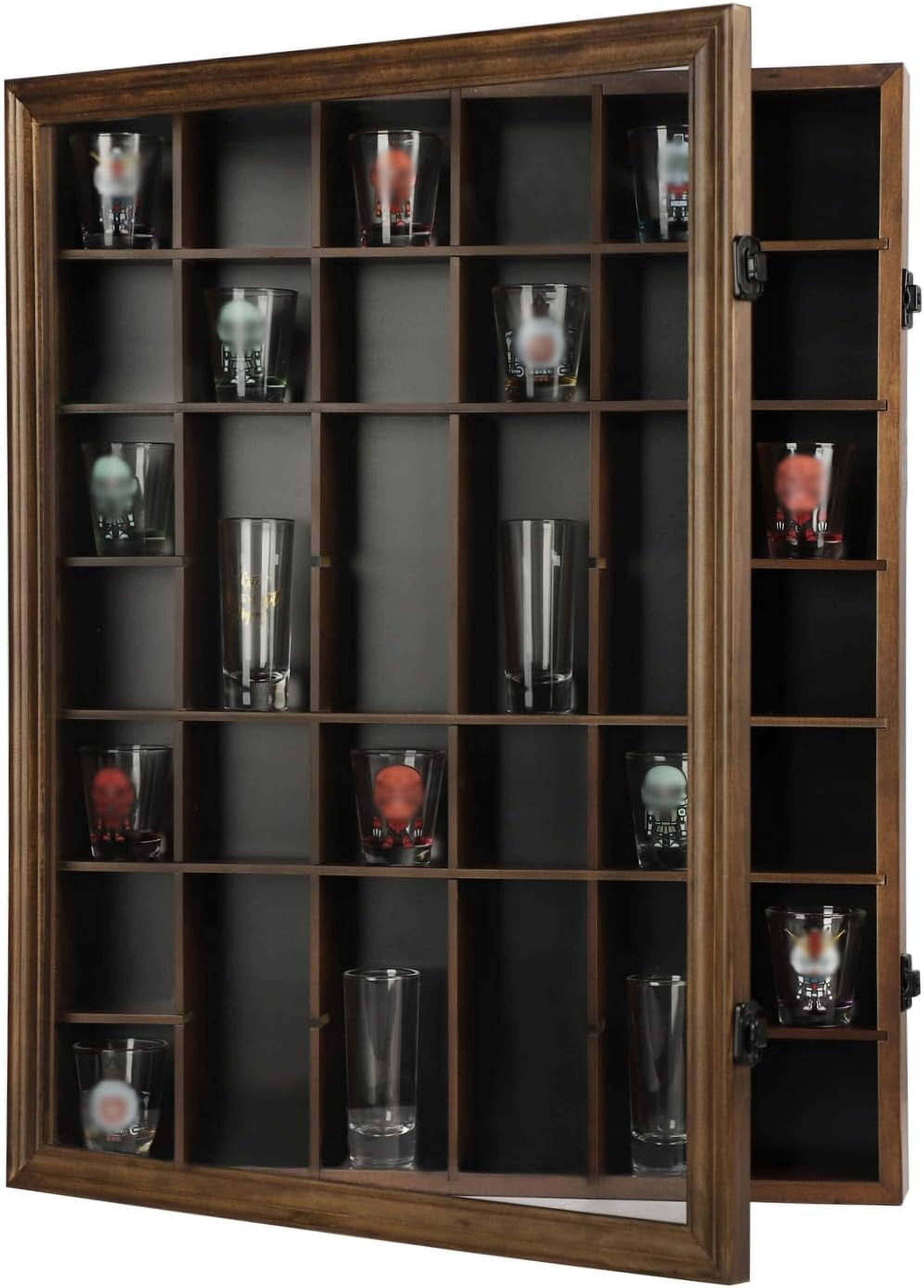 34 Shot Glass Display Case Wall Mount Wooden Holder Shelf Lockable with ...