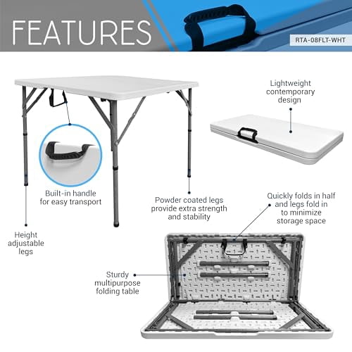 34” Square Folding Table, Height Adjustable Small Folding Table with ...