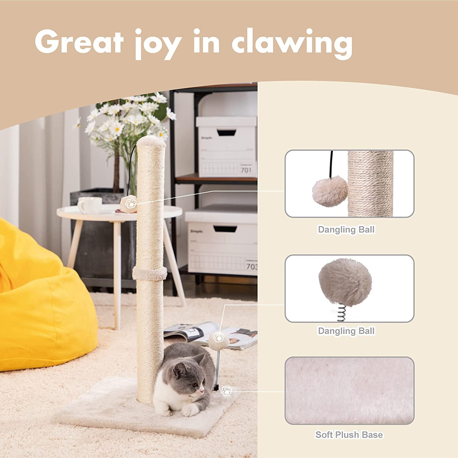 34" Tall Scratching Post with Hanging Ball, Beige - Premium Sisal ...