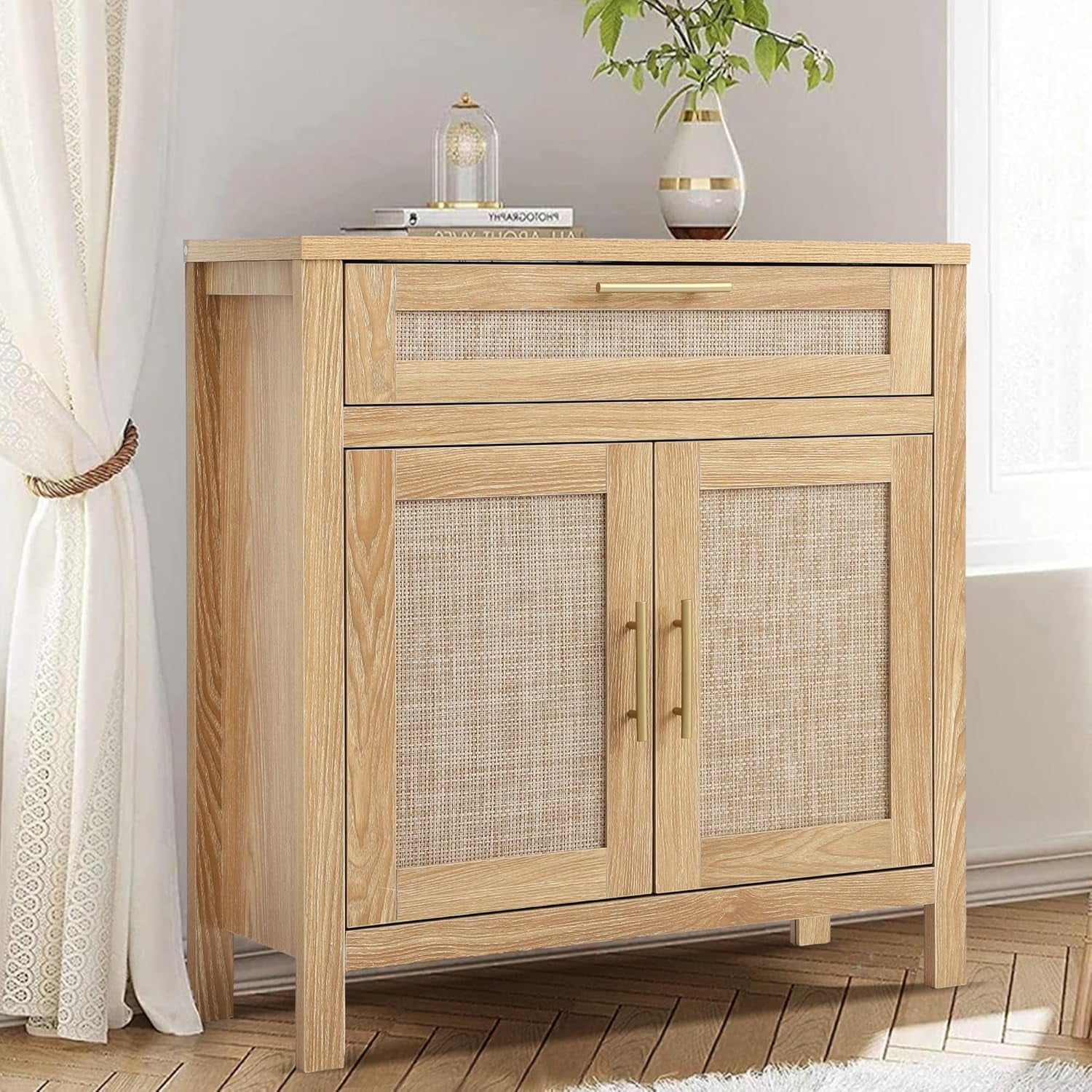 34" W Rattan Accent Storage Cabinet, Boho Wood Sideboard Buffet Cabinet ...