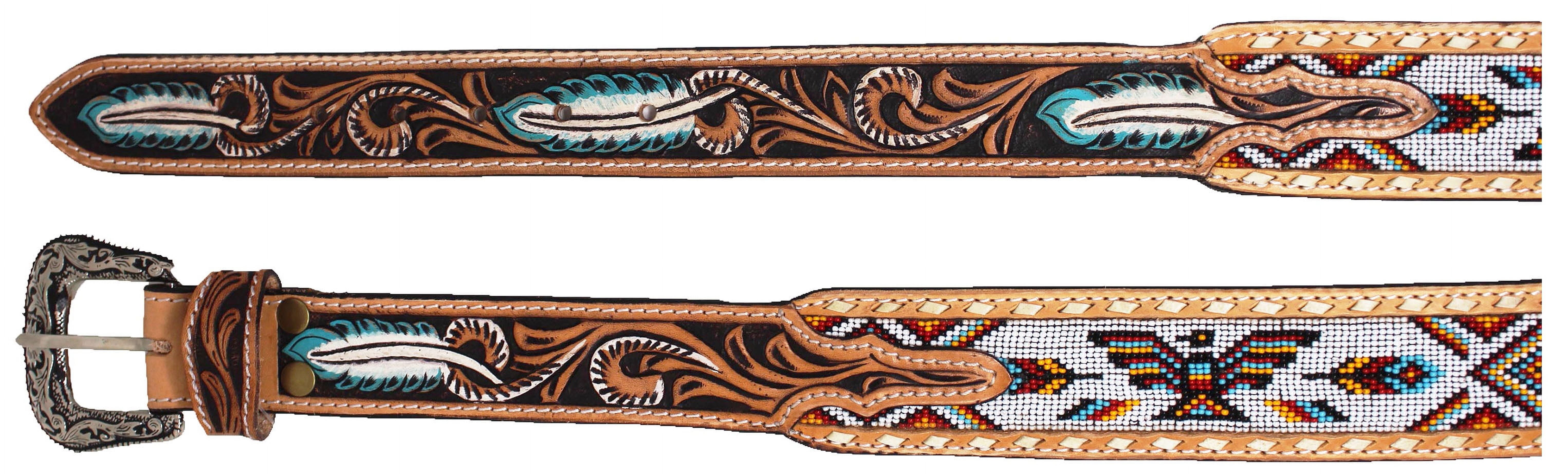 34 Western 2" Tapered Feather Tooled Beaded Full-Grain Leather Belt ...