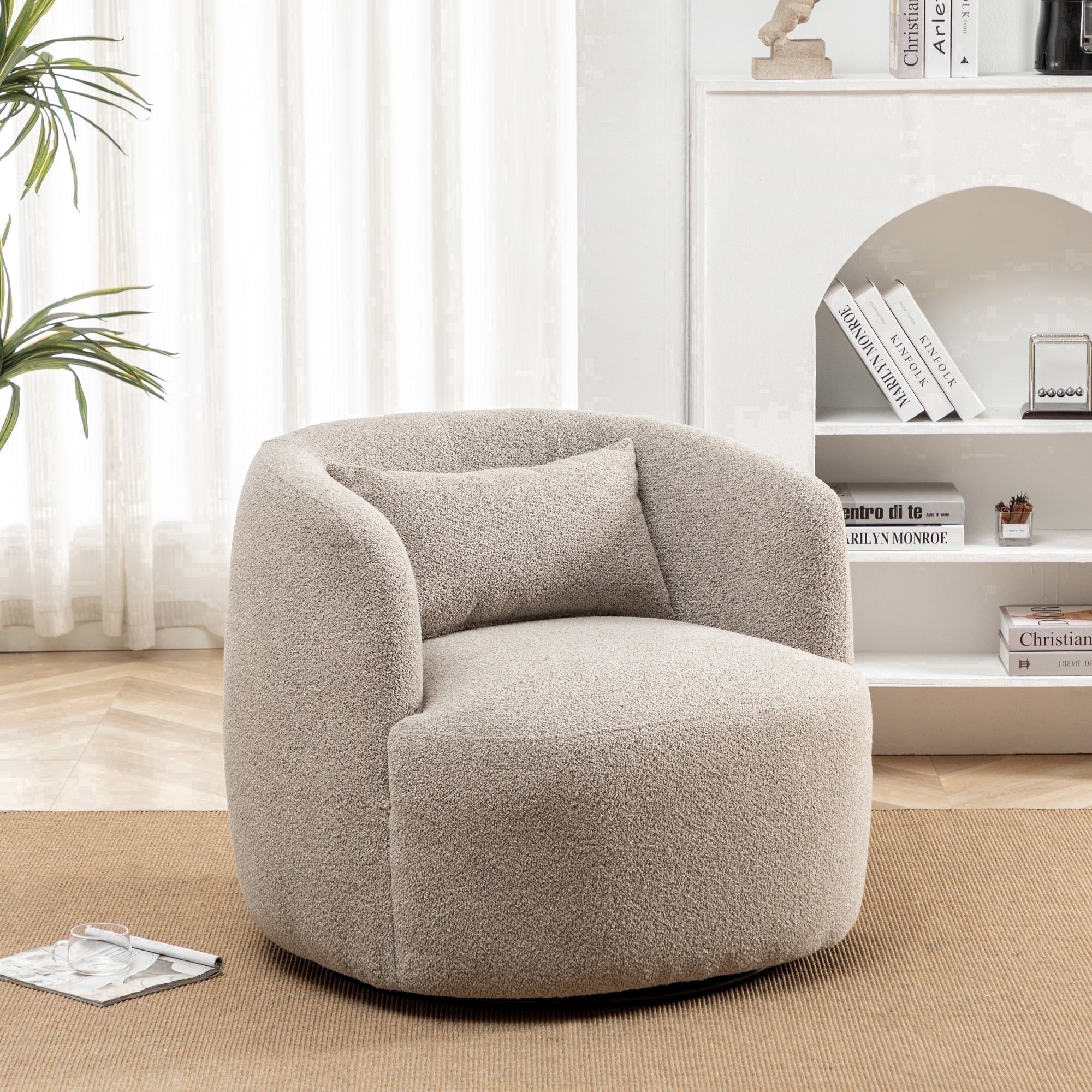 34" Wide Boucle Swivel Barrel Chair, No Assembly Round Upholstered ...