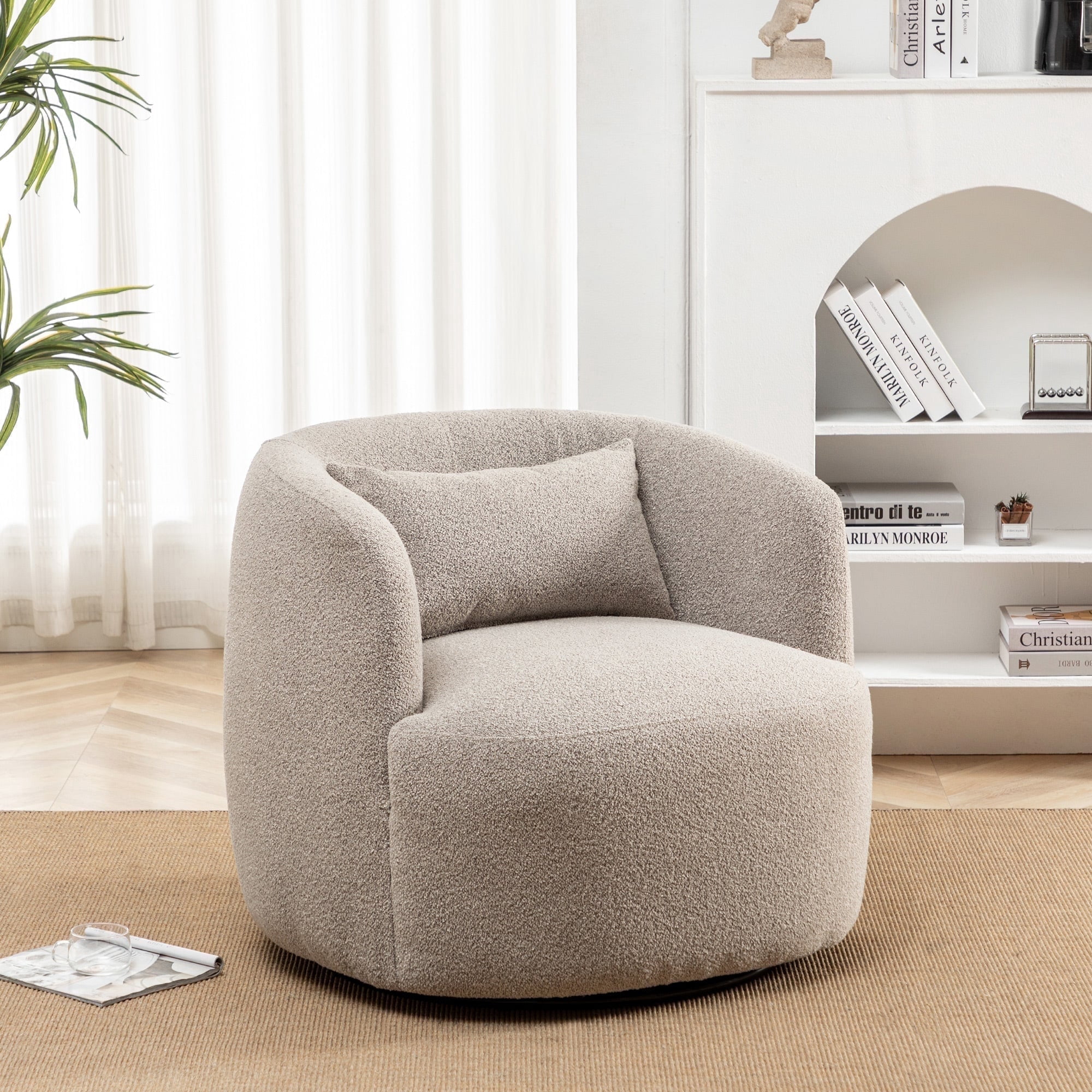 34" Wide Boucle Swivel Barrel Chair, No Assembly Round Upholstered ...